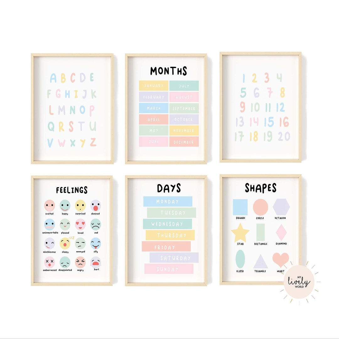 Set of 6 Pastel Educational Posters, Playroom Prints, Montessori ...