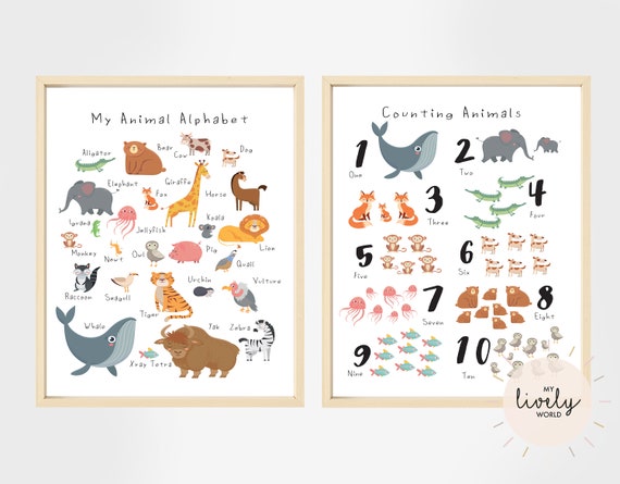 Animal Alphabet and Numbers Prints Printable Wall Art ABC | Etsy