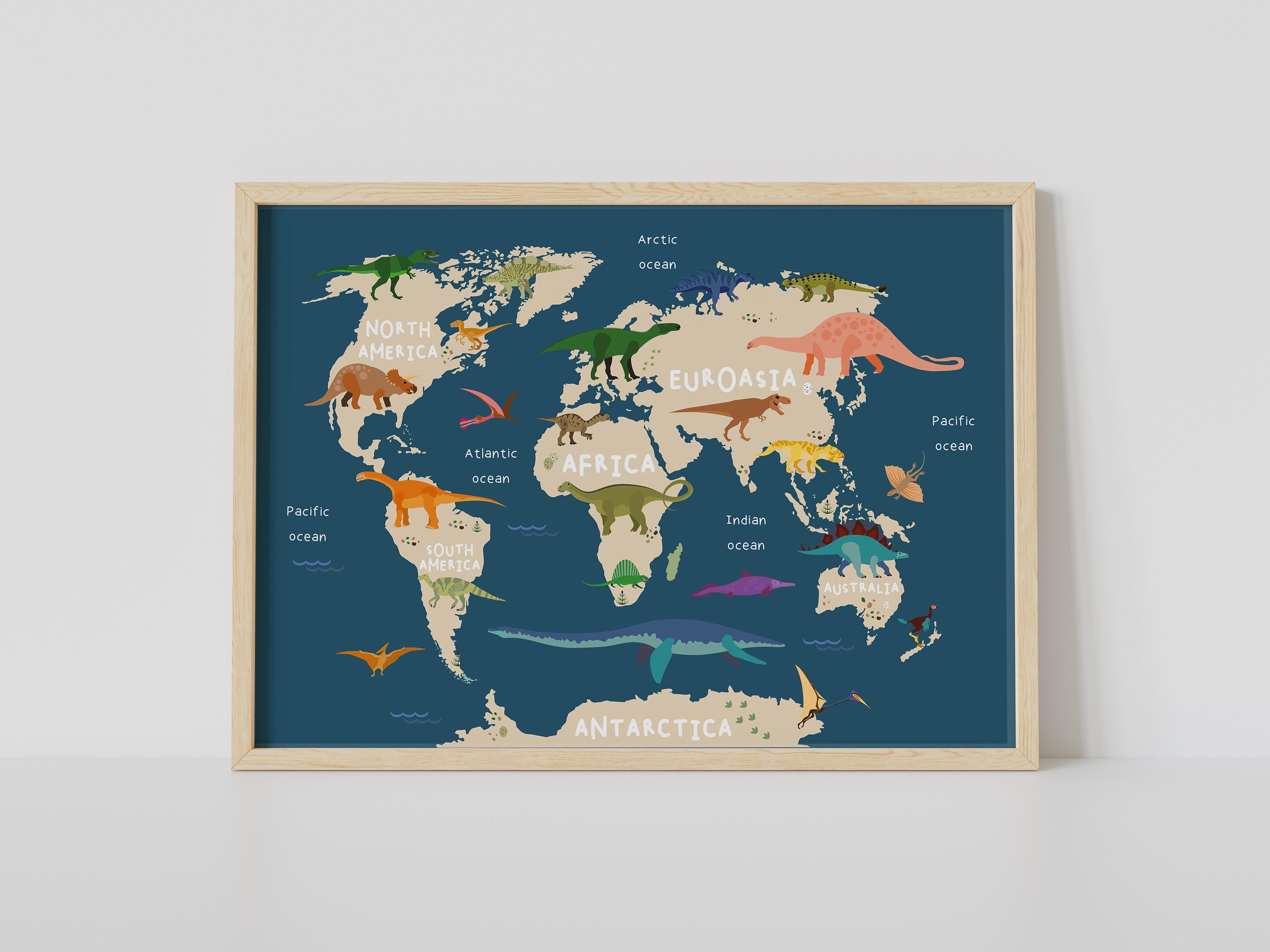 Navy Blue Dinosaur World Map Poster Dinosaur Wall Art | Etsy