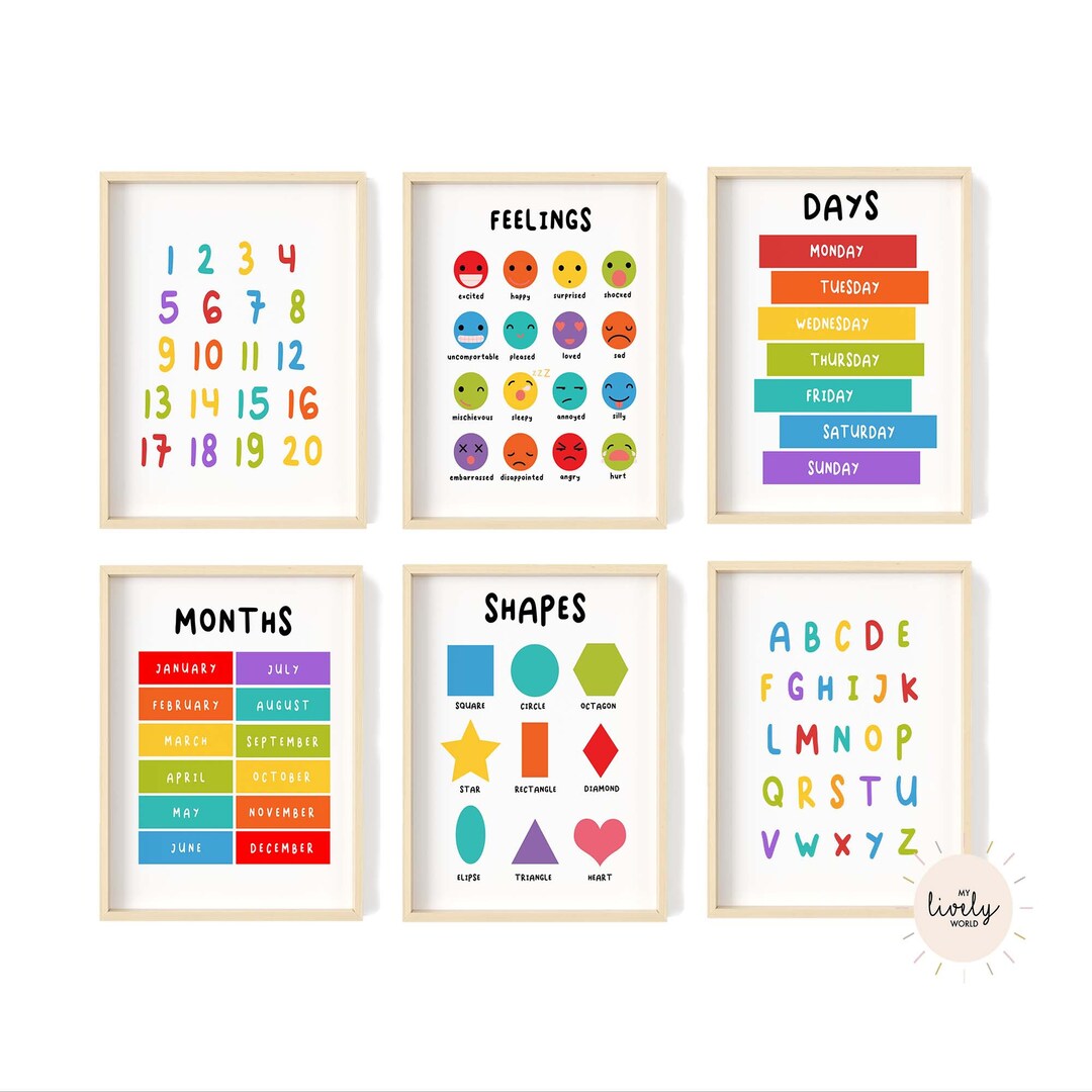 Set of 6 Educational Rainbow Posters, Playroom Prints, Montessori ...