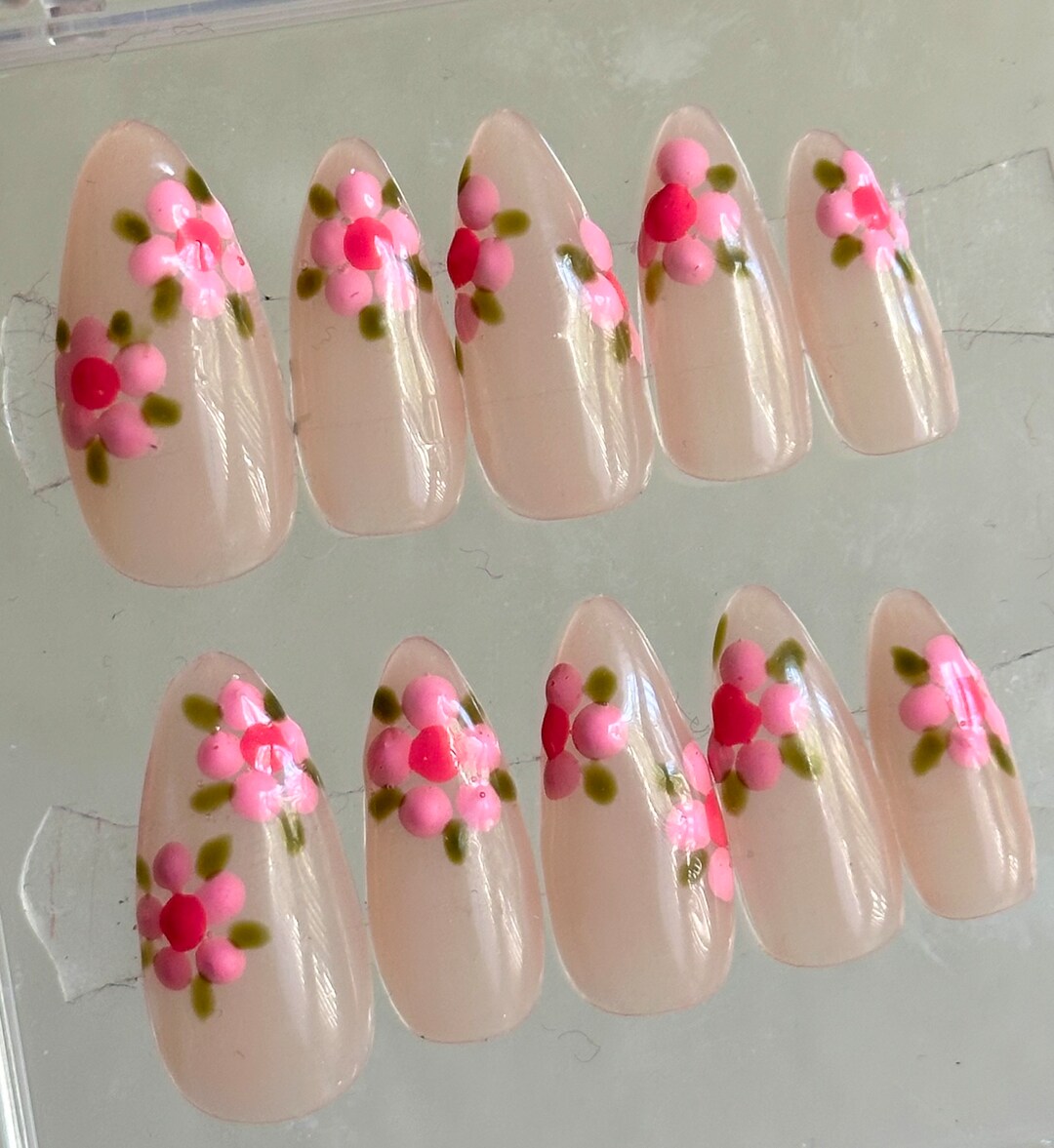 Pink Flower French Manicure 3D Nails Fake Nails Gel Nails Custom Luxury ...