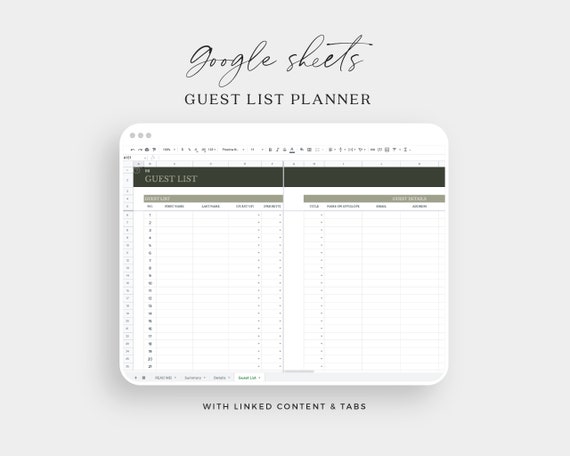 Digital Guest List Tracker Google Sheets Olive | Etsy