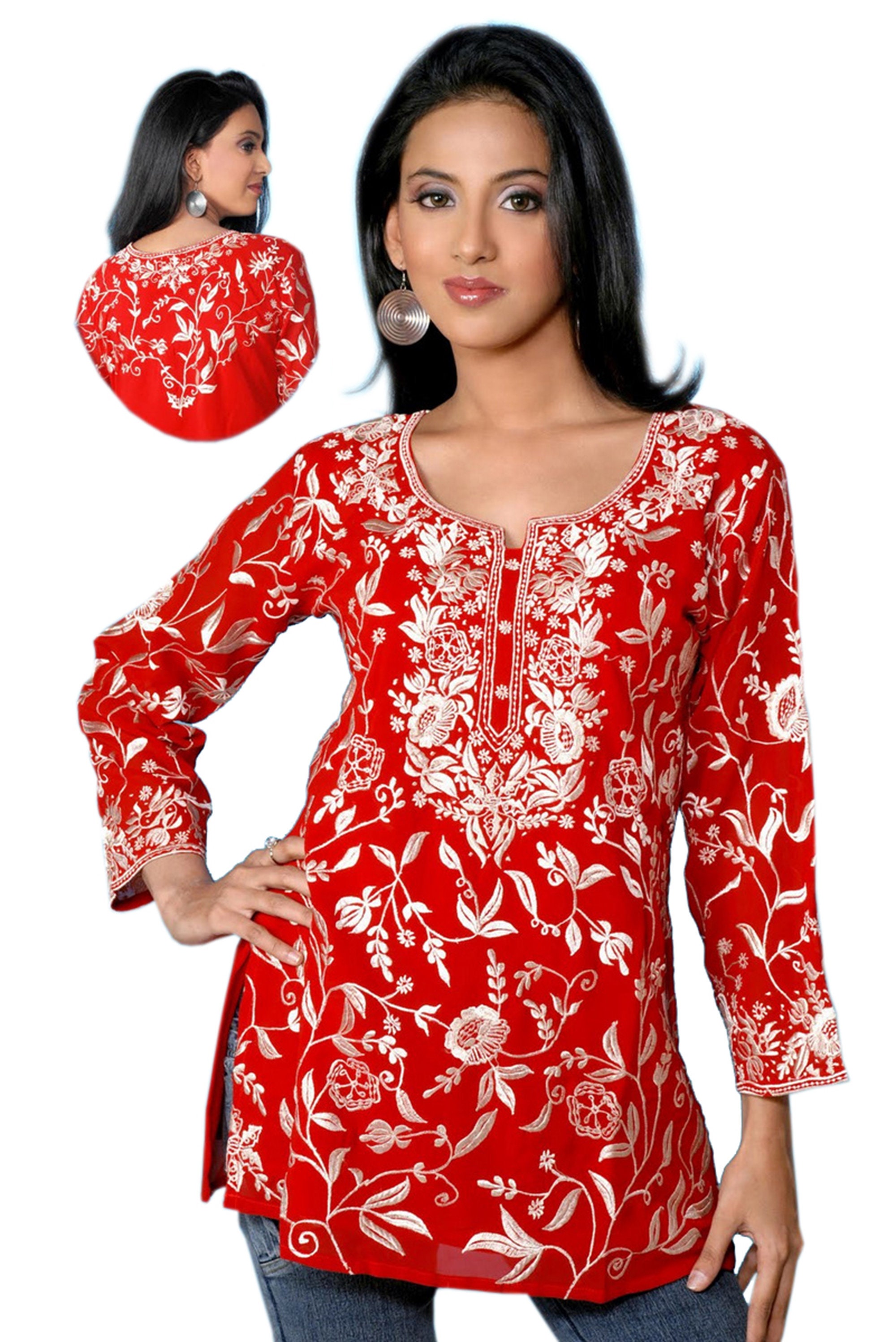 Red Tunic Embroidered Party Dress Blouse. Asymmetrical Tunic, Ladies ...