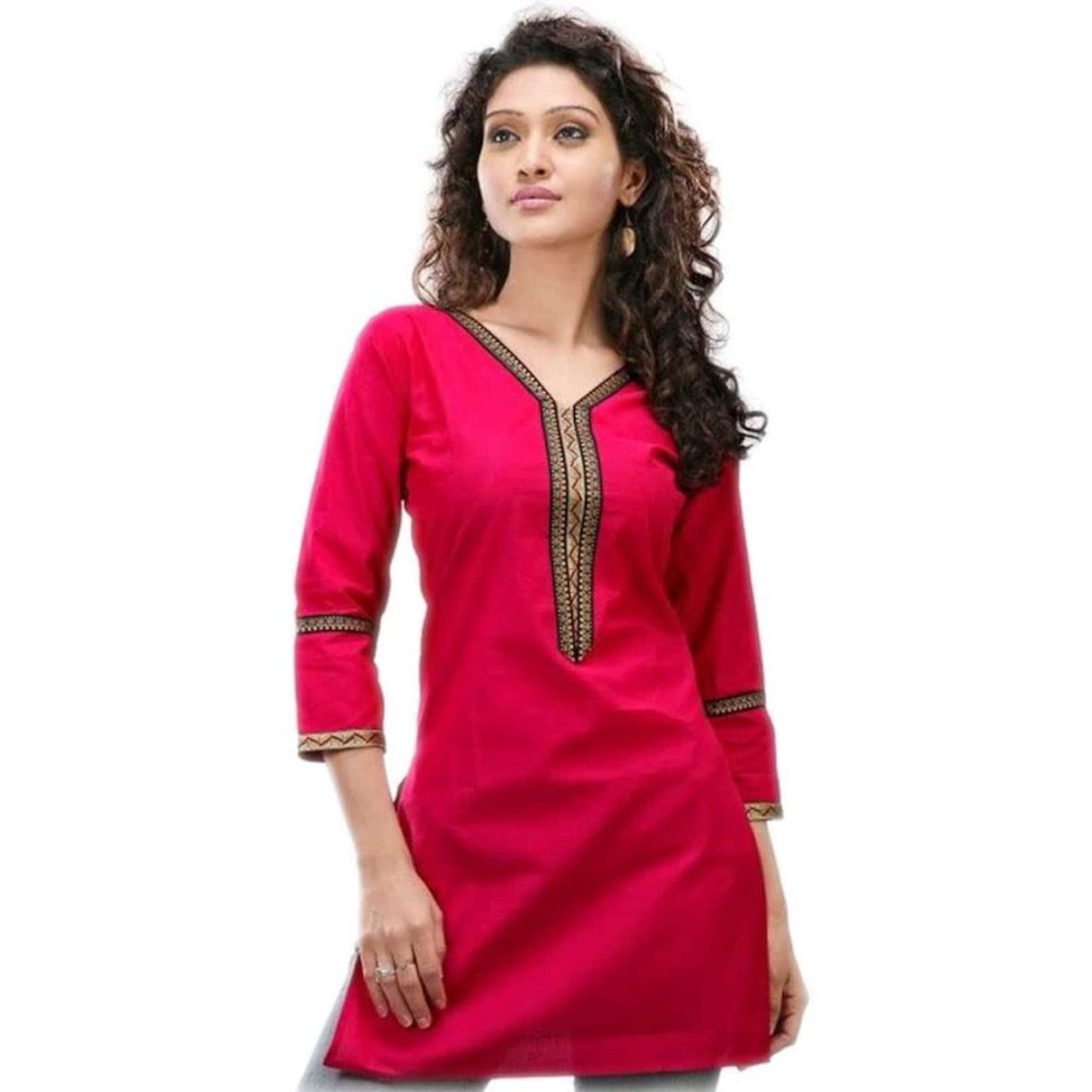 Razzmatazz Red Cotton Tunic V Neck Embroidered Shirt Blouse Casual ...