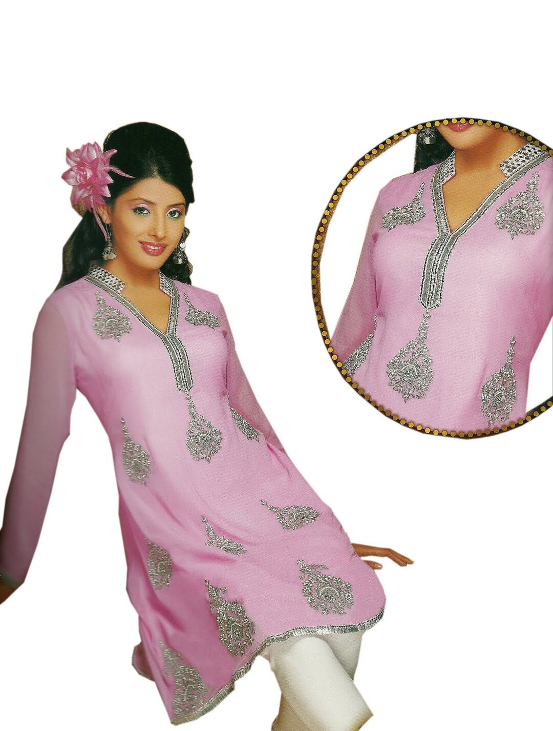 Womens Pink Georgette Tunic/embroidery Tunic/ Party Wear Top/ Casual ...