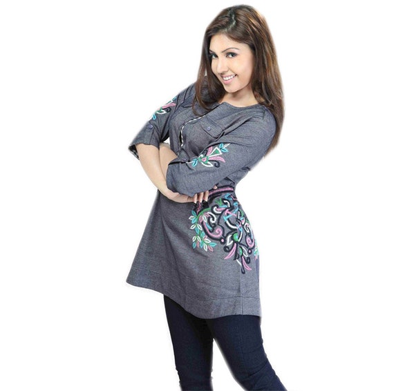Women Gray Cotton Tunic Multi Color Embroidered Half Sleeve | Etsy