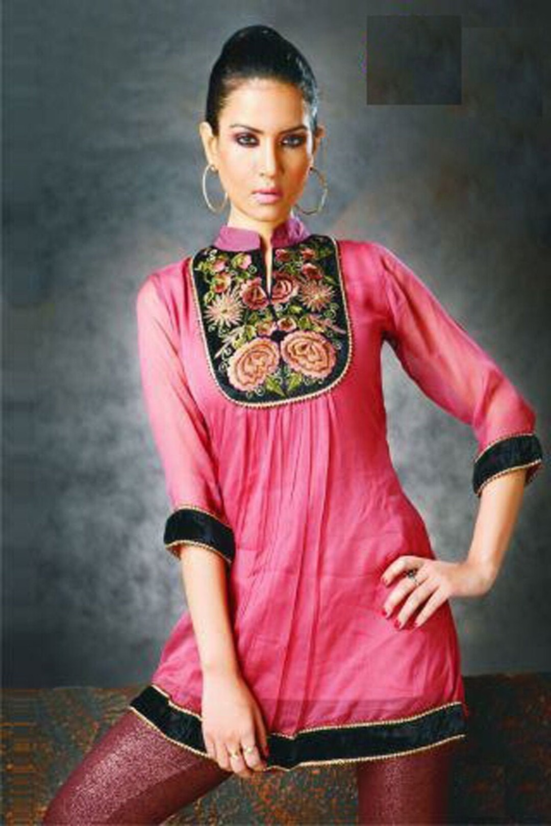 Pink Georgette Tunic/front Embroidery/tunic Top/casual Top Blouse ...