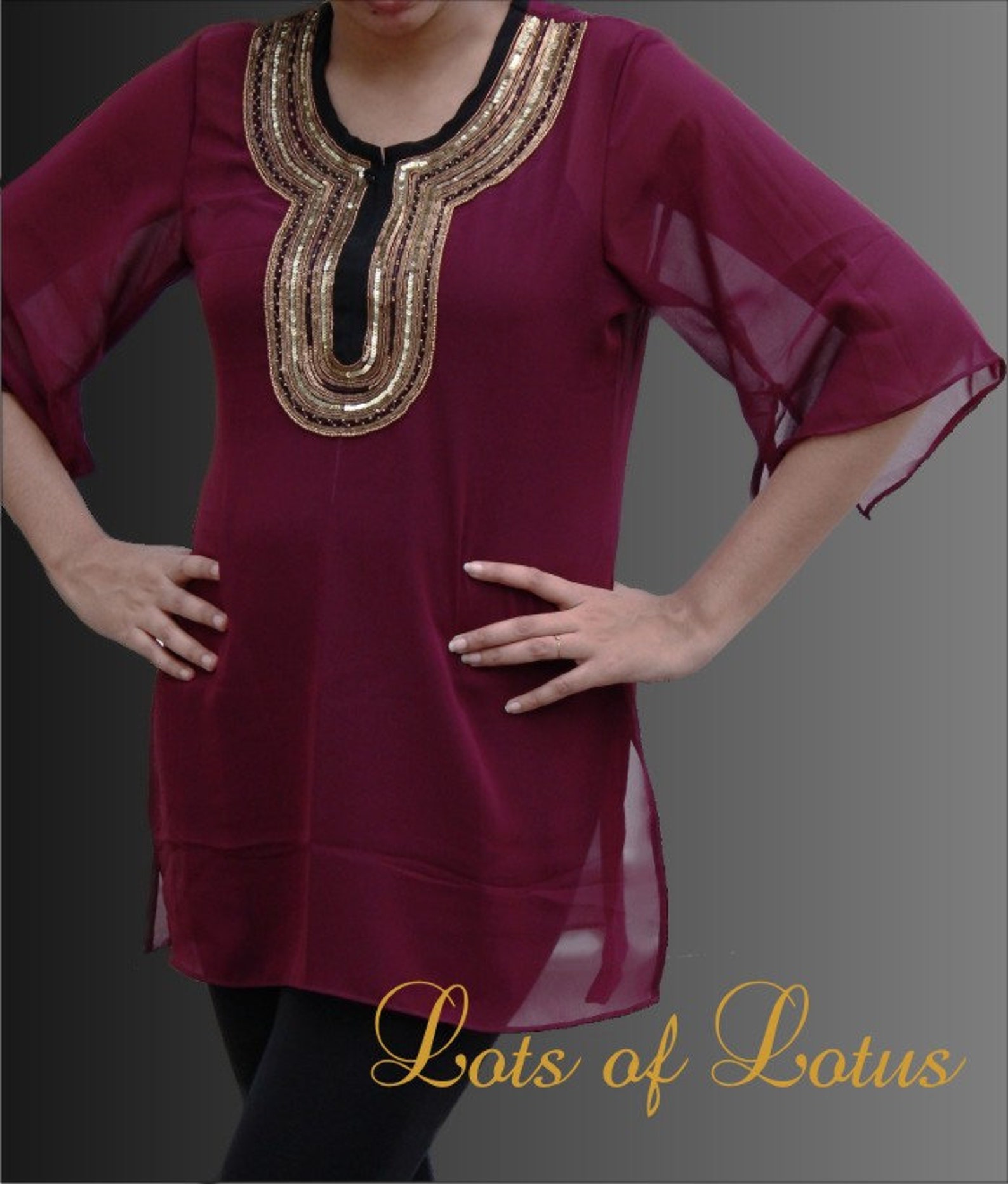 Deep Purple Tunic Hand Embroidered With Sequins and Beads Tunic Top ...