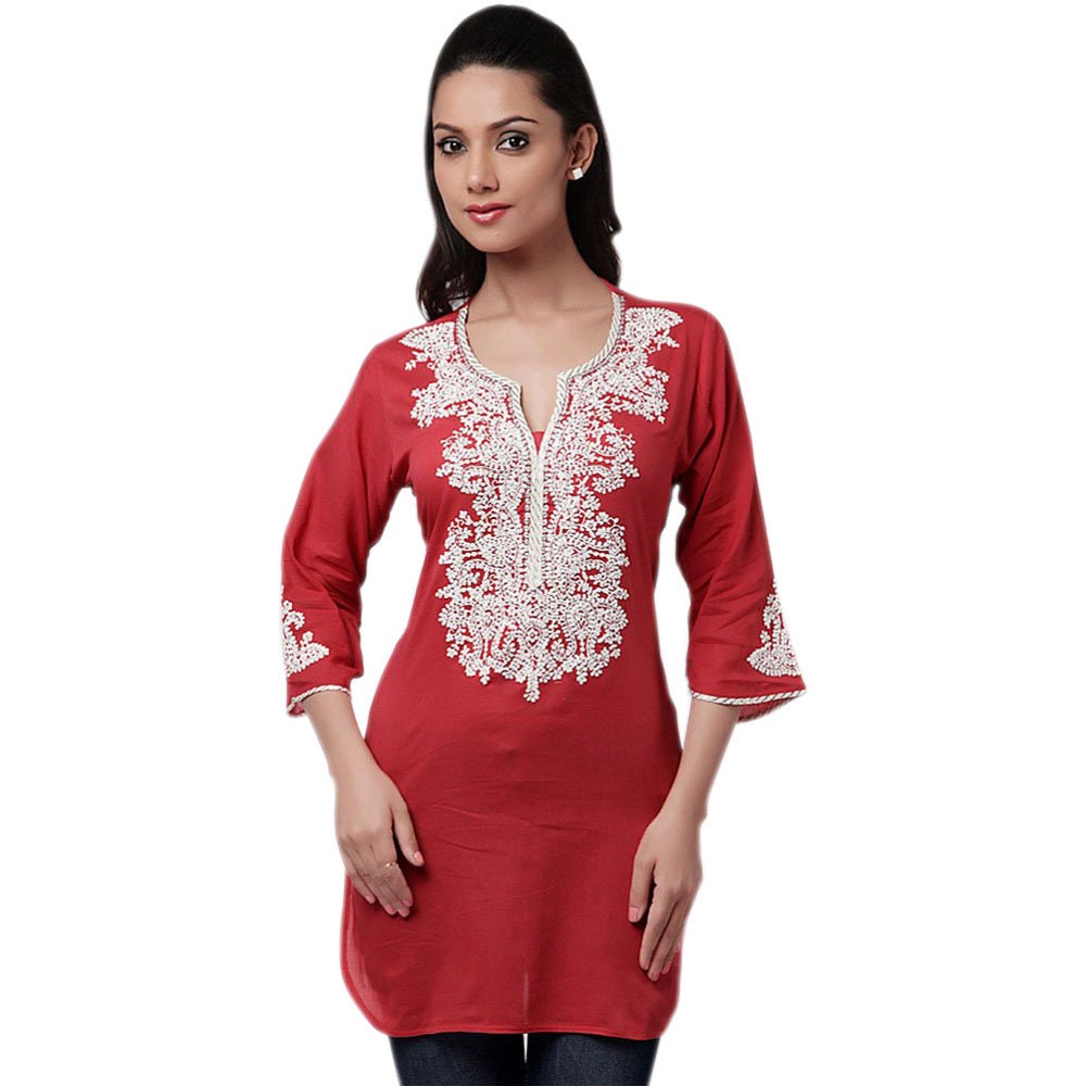 Red Bohemian Cotton Boho Chic Toptunicblouse / Embroidered - Etsy