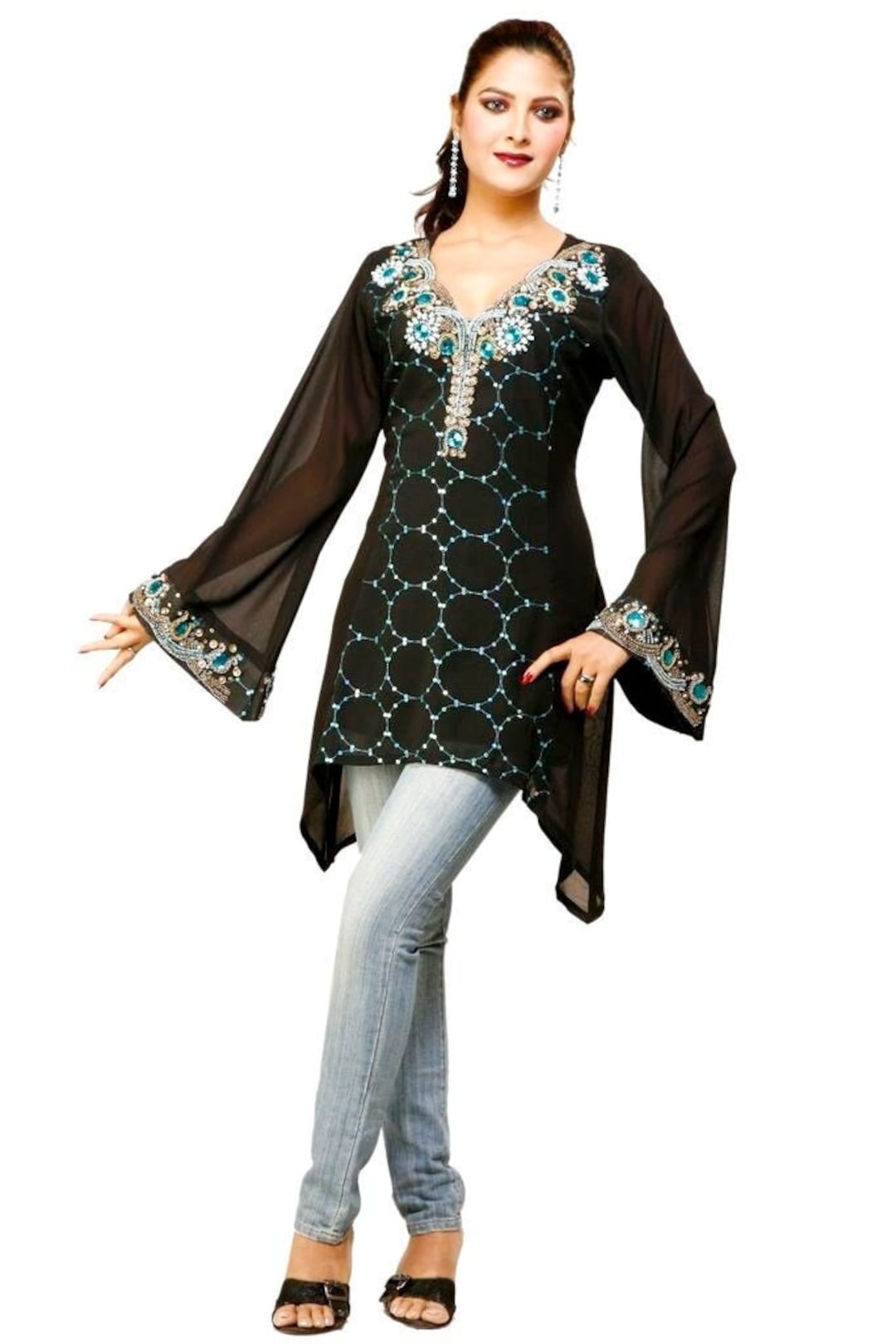 Women's Loose Fitted-long Sleeve Black Tunic Top/fashionable Party ...