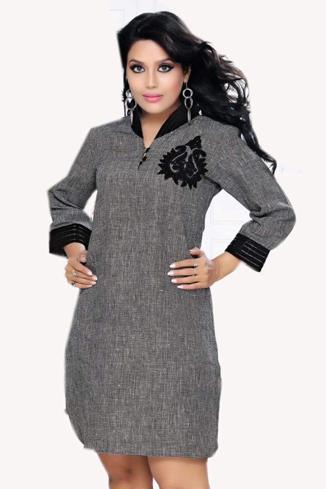 Women Lovely Gray Cotton Embroidered Tunic Top /gray Cotton Tunic ...