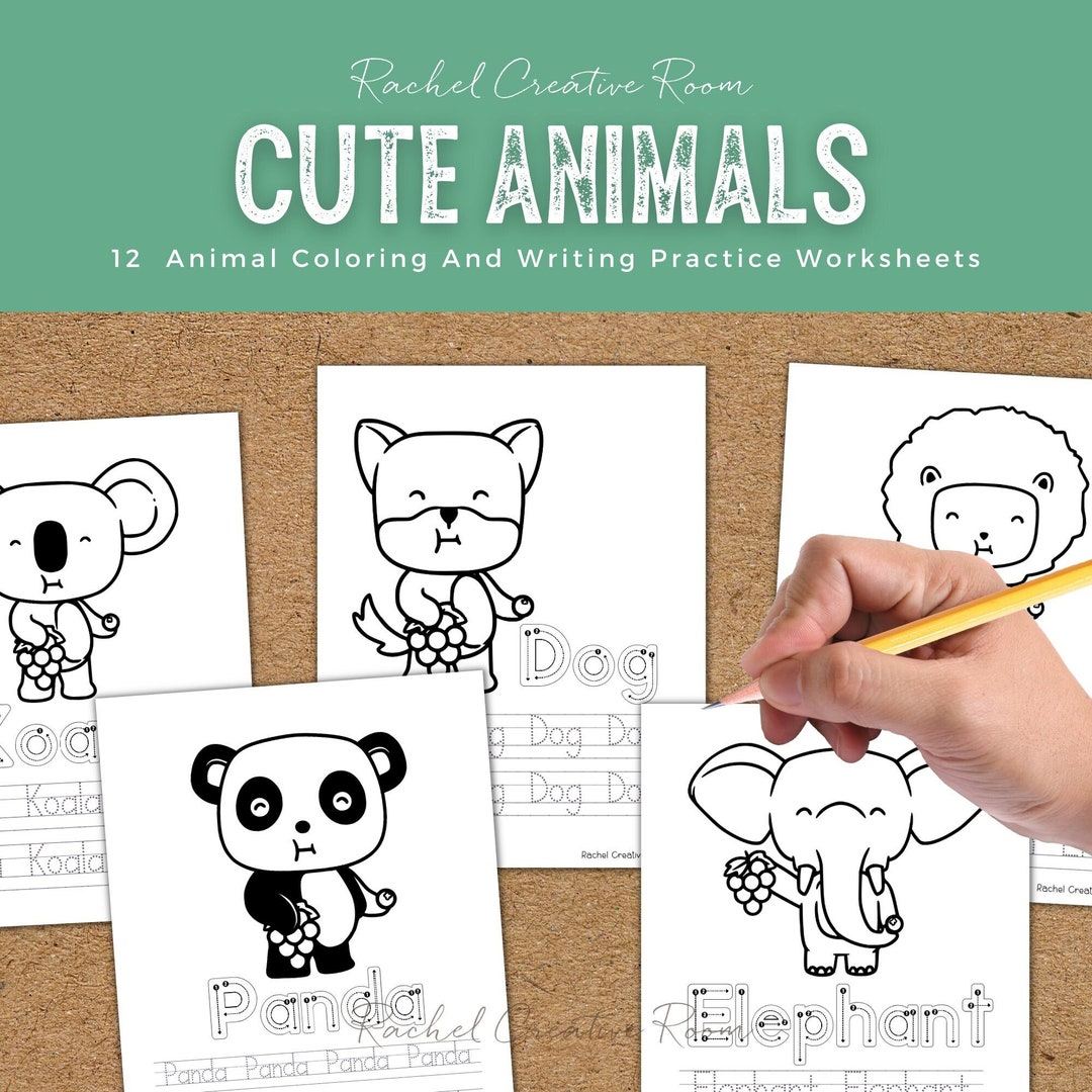 12 Cute Animal Coloring and Writing Practice Worksheets Bundle - Etsy