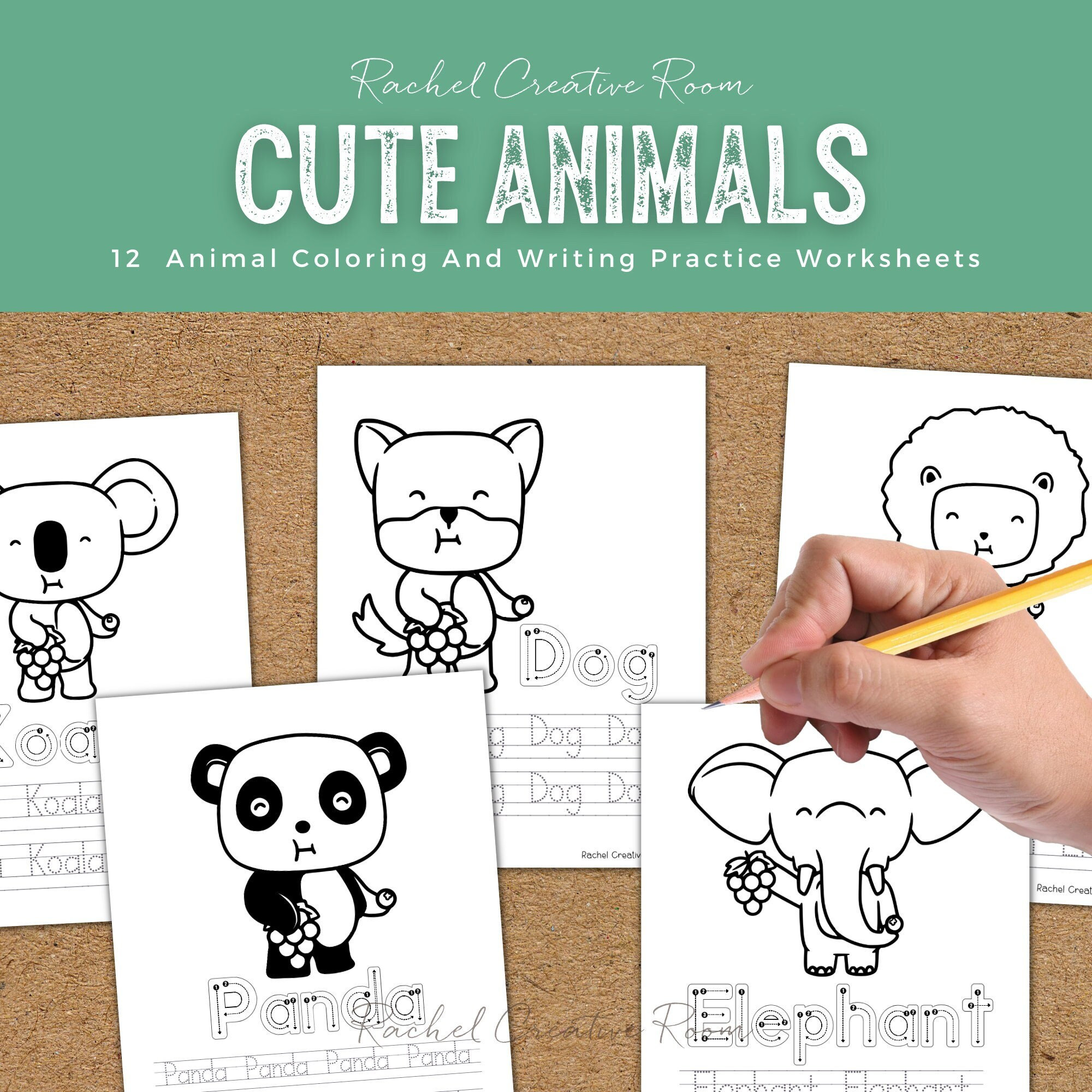 12 Cute Animal Coloring and Writing Practice Worksheets Bundle - Etsy