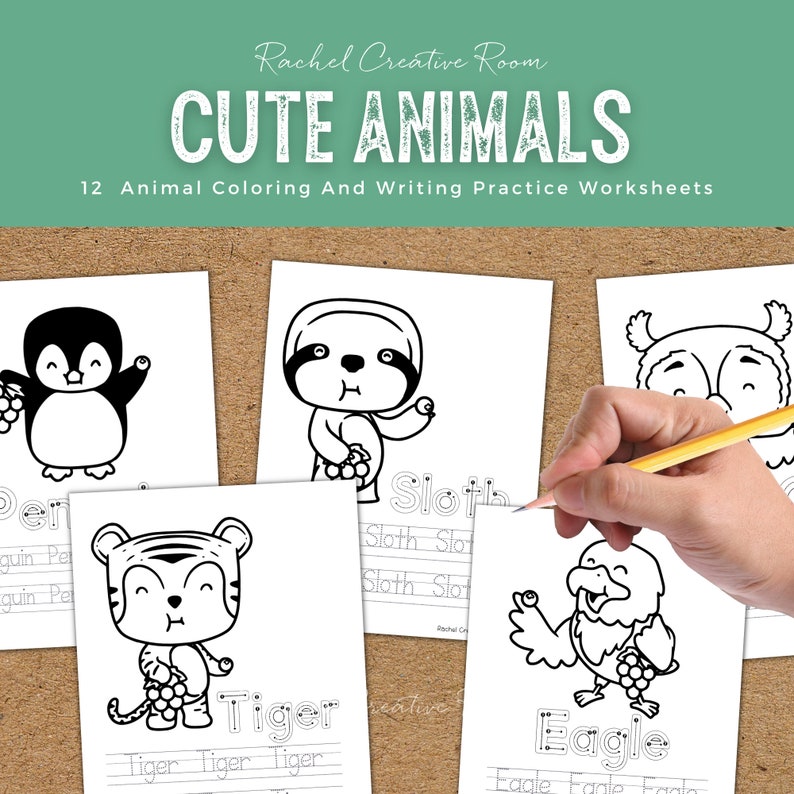 12 Cute Animal Coloring and Writing Practice Worksheets Bundle - Etsy