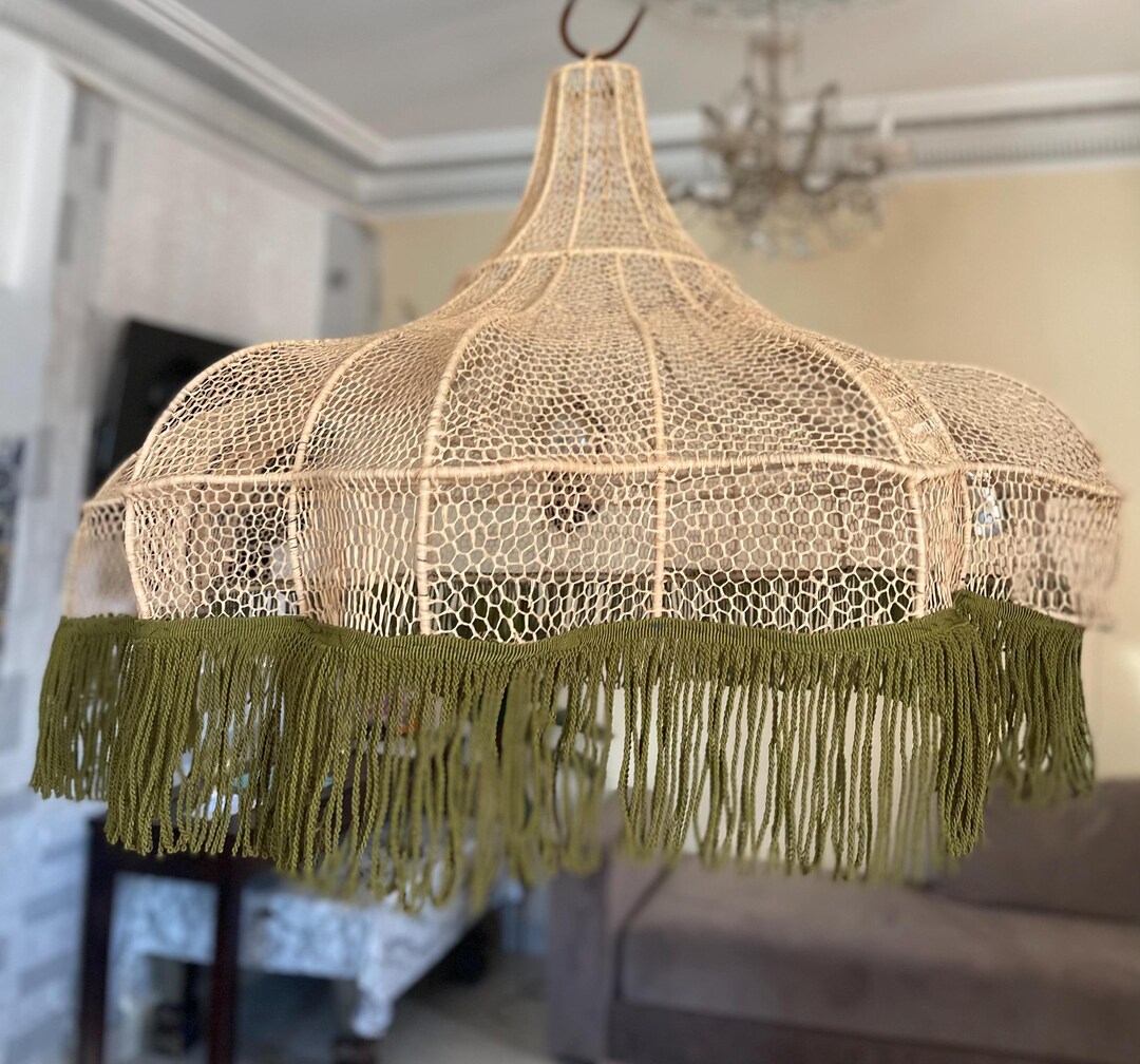 Moroccan Rattan Fringed Pendant Light, Boho Hanging Lamp, Wavy Rattan ...