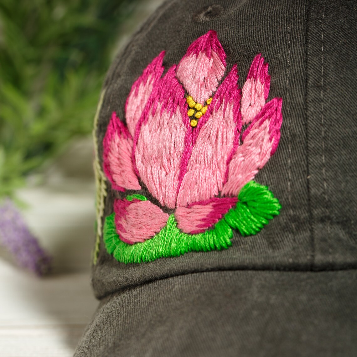 Hand embroidered black hat with lotus Custom flower | Etsy