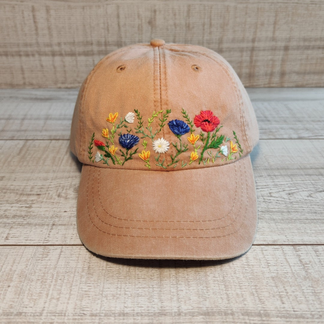 Colorful Baseball Cap Hand Embroidered With Red Poppy, Camomile and ...