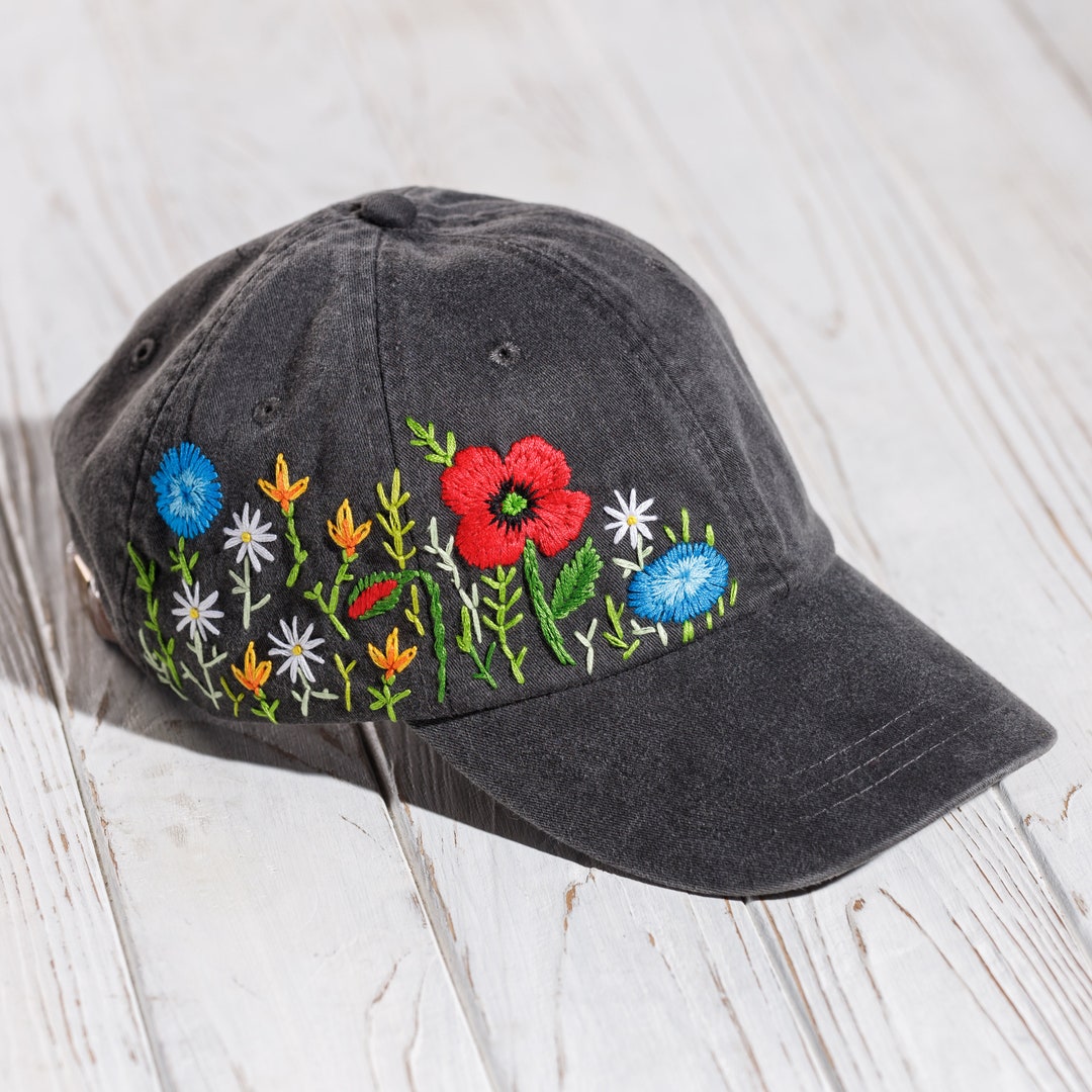 Hand Embroidered Black Cap, Custom Floral Cap, Red Poppy Unique ...