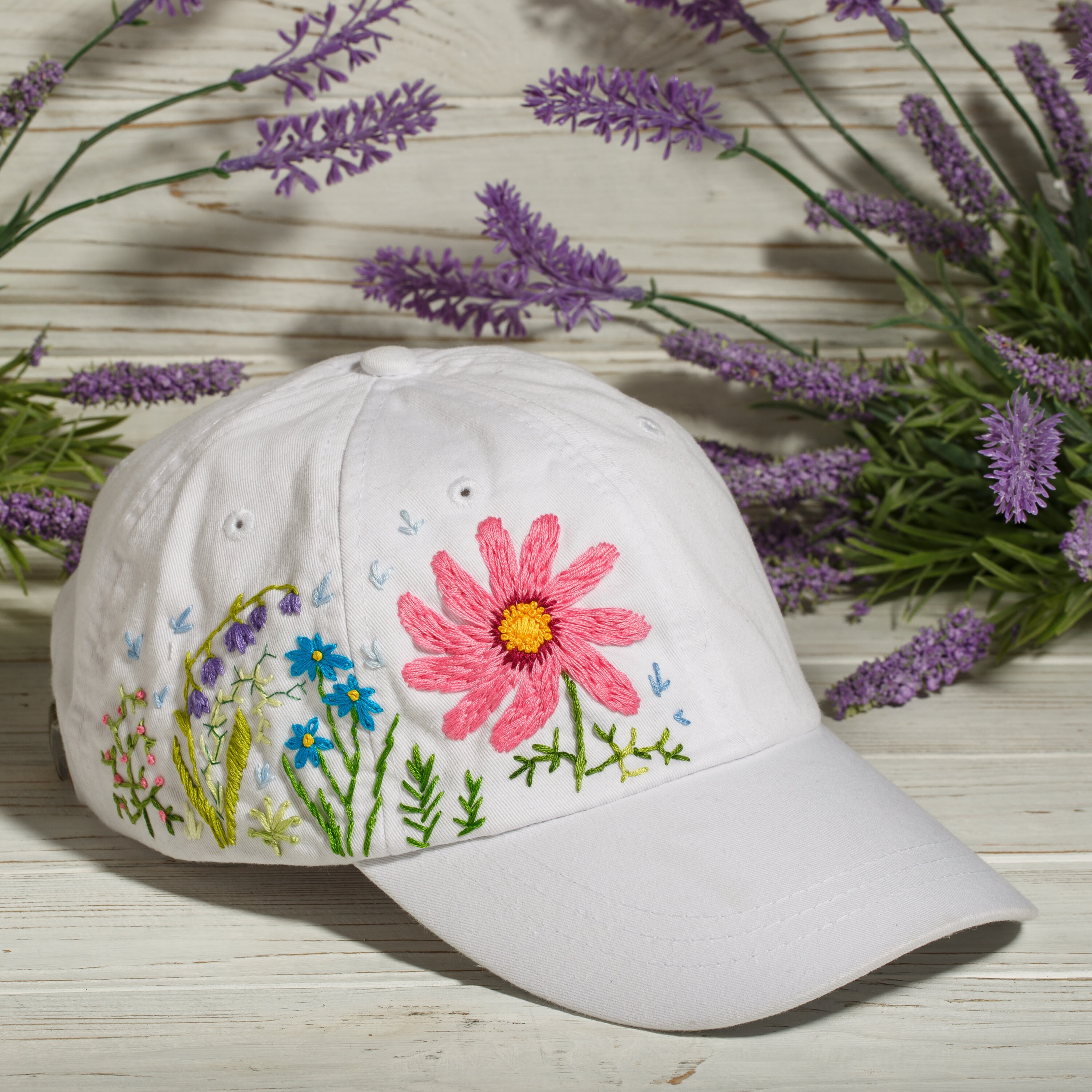 Hand embroidered flower baseball cap, white stitched hat for women with ...