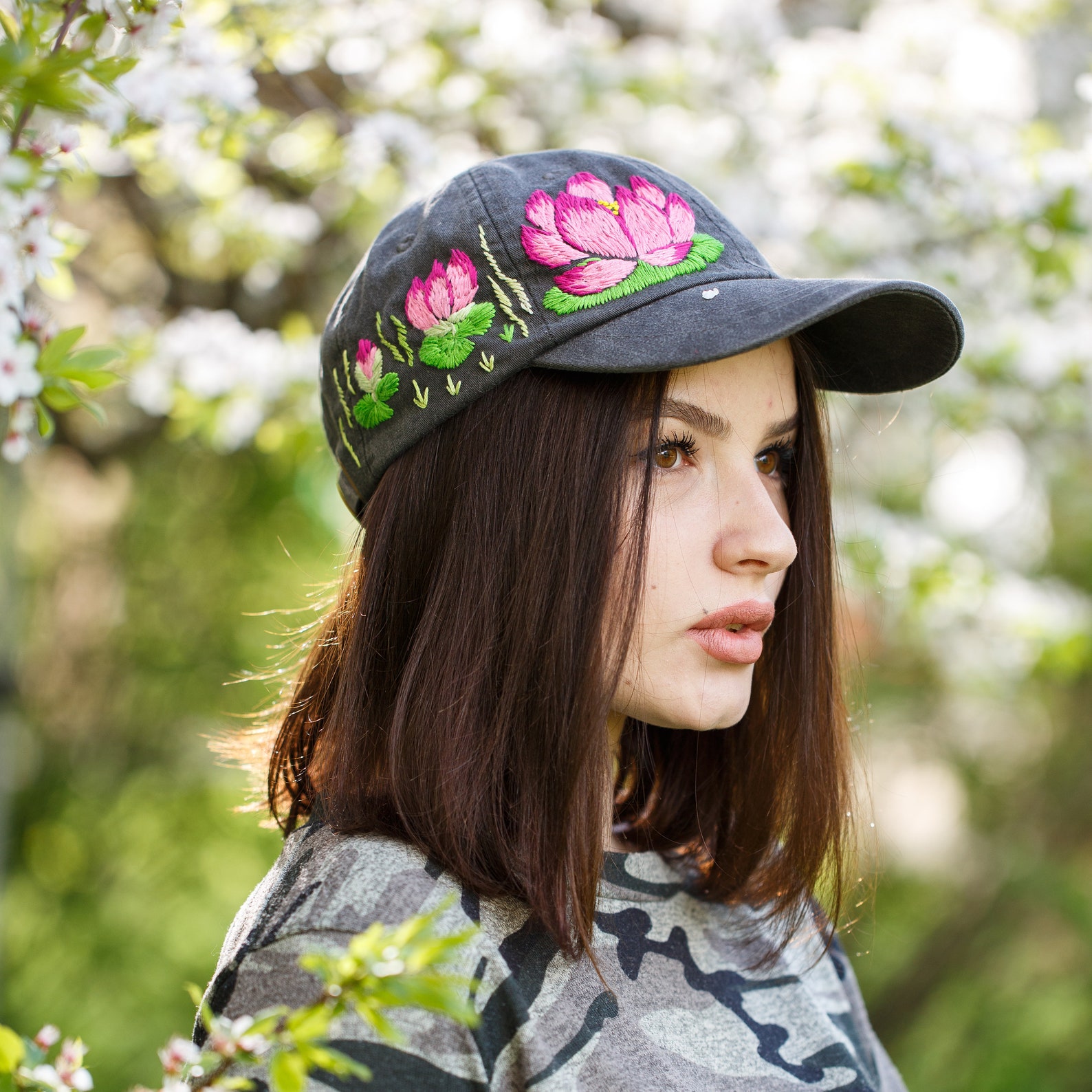 Hand embroidered black hat with lotus Custom flower | Etsy