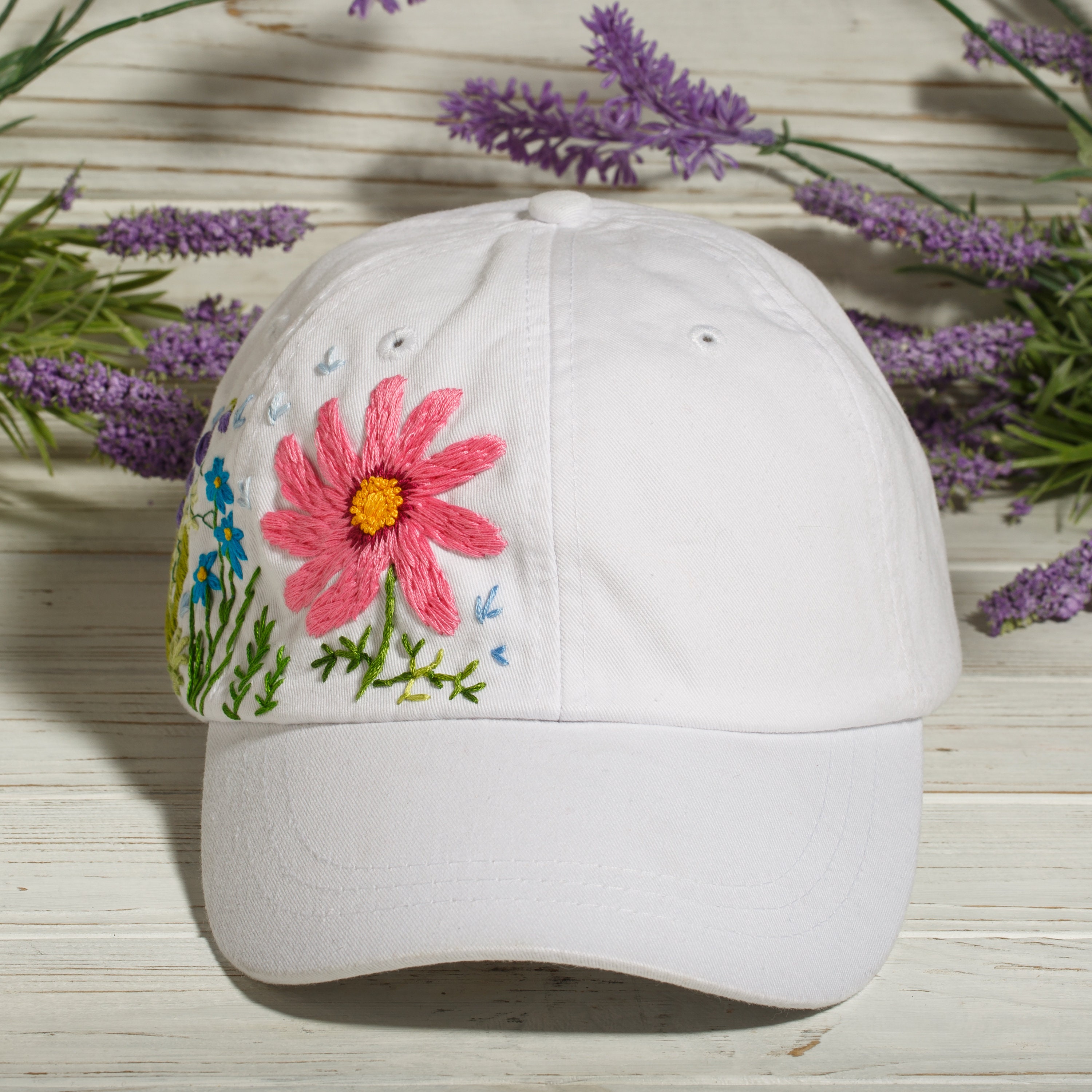 Hand embroidered flower baseball cap, white stitched hat for women with ...