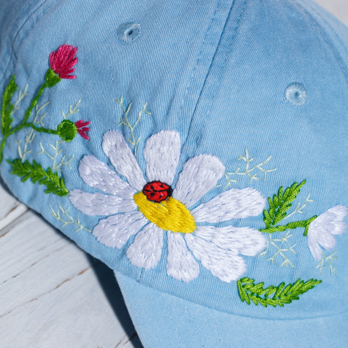 Cotton Cap With Hand Embroidered Chamomile, Thistle Embroidery Design ...