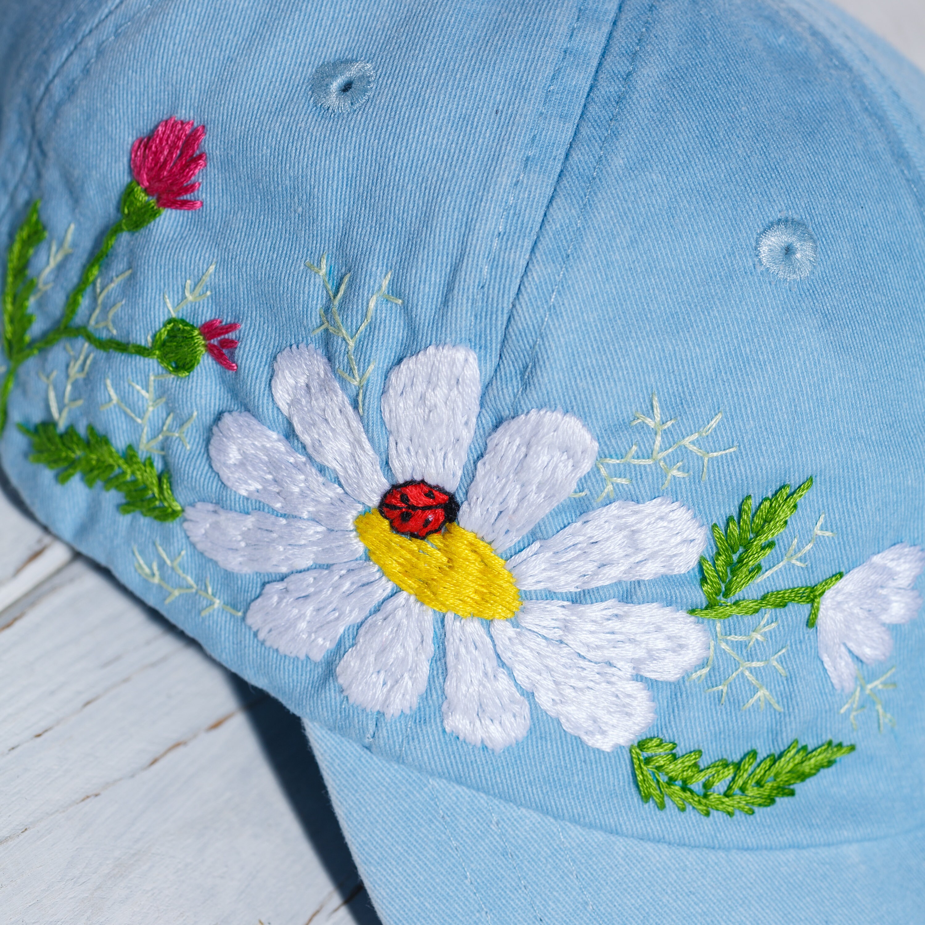 Cotton Cap With Hand Embroidered Chamomile, Thistle Embroidery Design ...