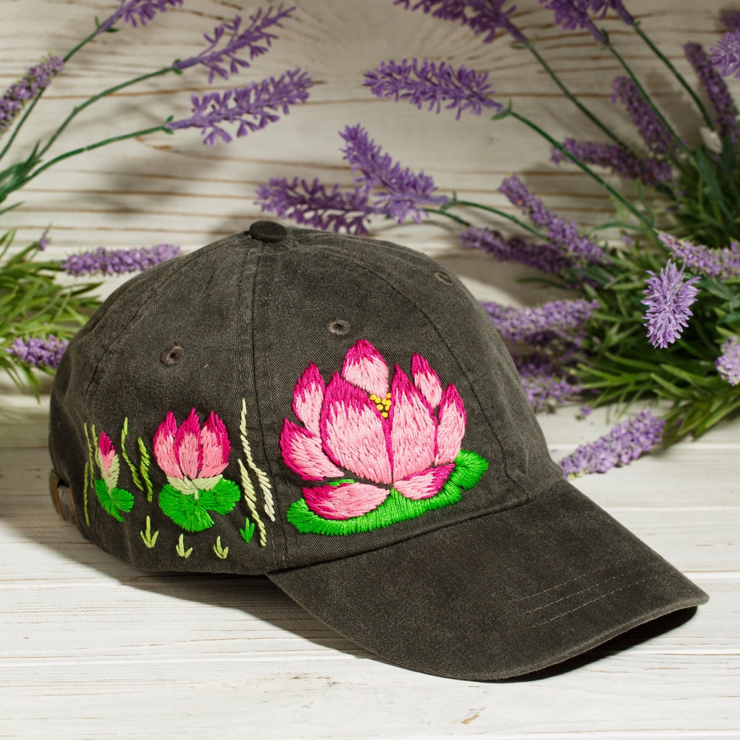Hand Embroidered Black Hat With Lotus, Custom Flower Women's Baseball ...