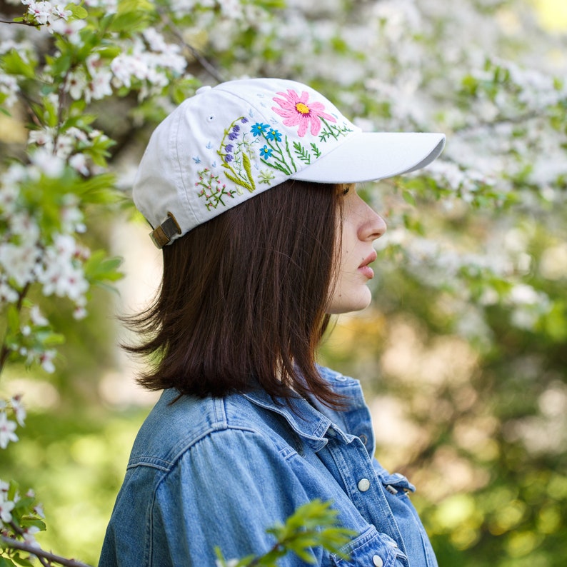 Hand embroidered flower baseball cap white stitched hat for | Etsy