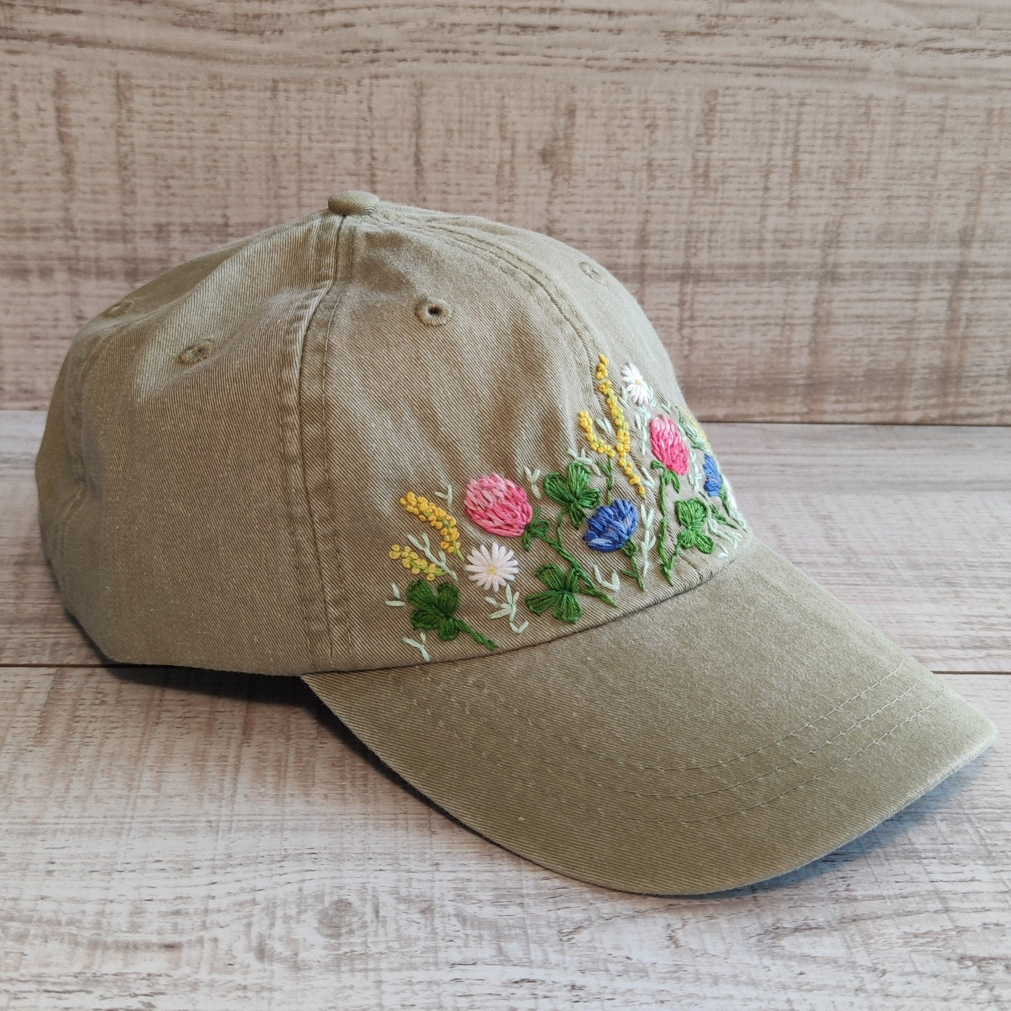 Hand-embroidered Wildflower Khaki Baseball Cap Floral - Etsy