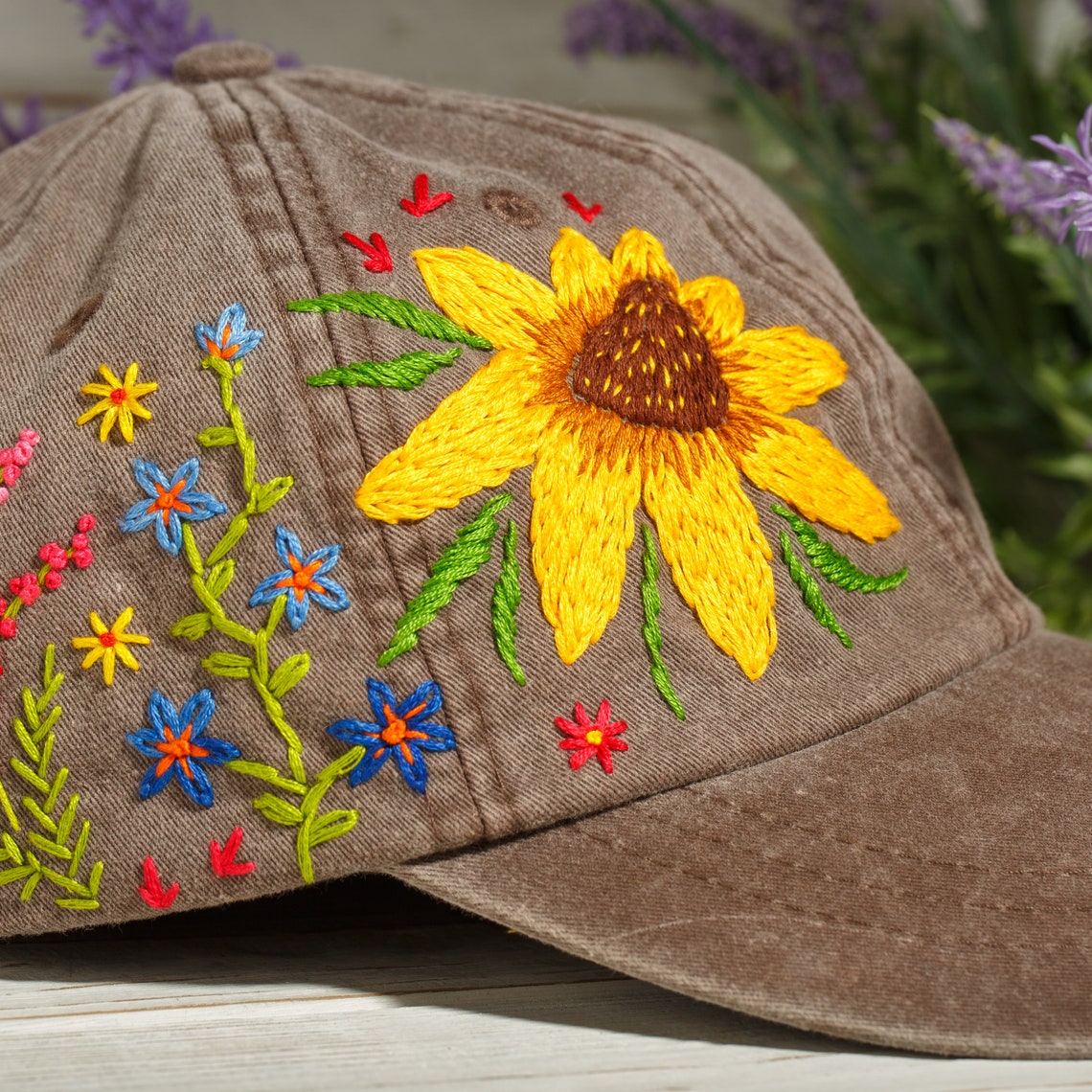 Hand Stitched Flower Hat Embroidered Baseball Cap Custom | Etsy