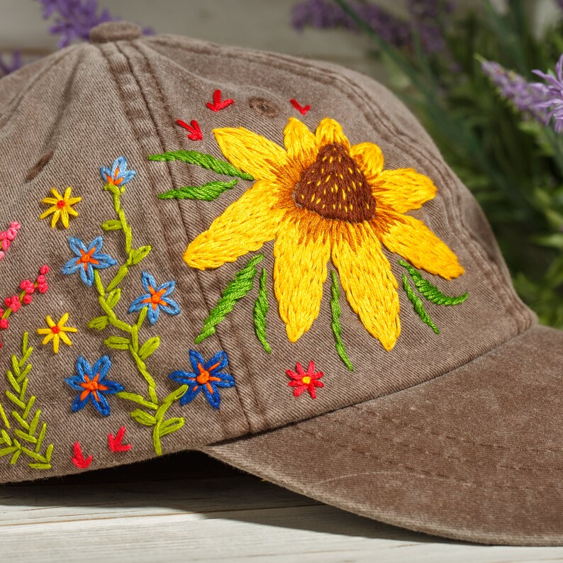 Hand Stitched Flower Hat Embroidered Baseball Cap Custom - Etsy