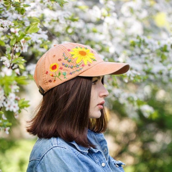 Embroidered sunflower woman ball cap unique hand-stitched | Etsy