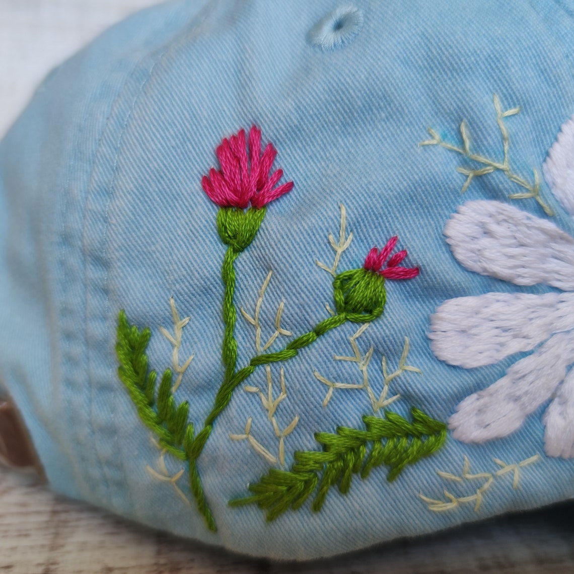Cotton Cap With Hand Embroidered Chamomile, Thistle Embroidery Design ...