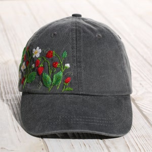 Hand Embroidered Strawberry Hat, Custom Baseball Cap With Wild ...