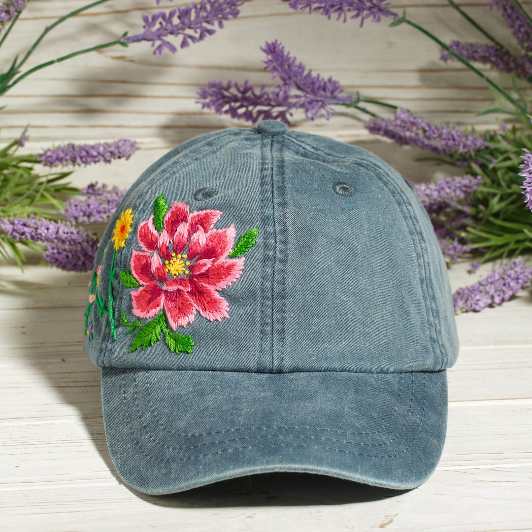 Hand Embroidered Flower Baseball Cap, Festival Ball Cap Hand Stitched ...