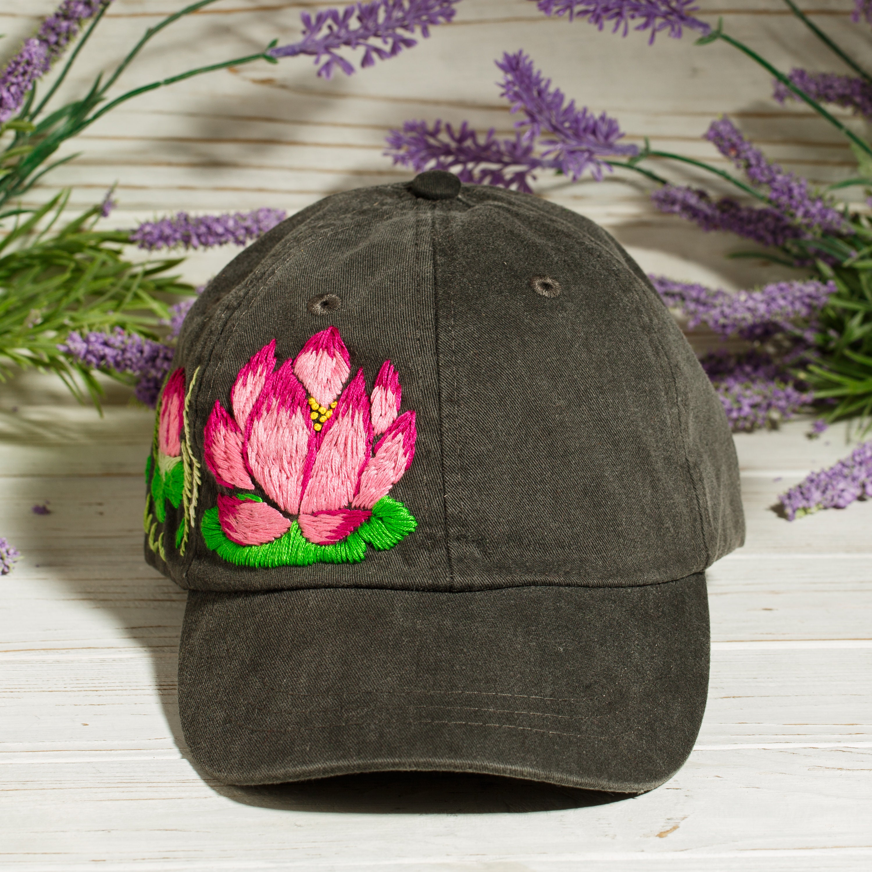 Hand embroidered black hat with lotus Custom flower | Etsy