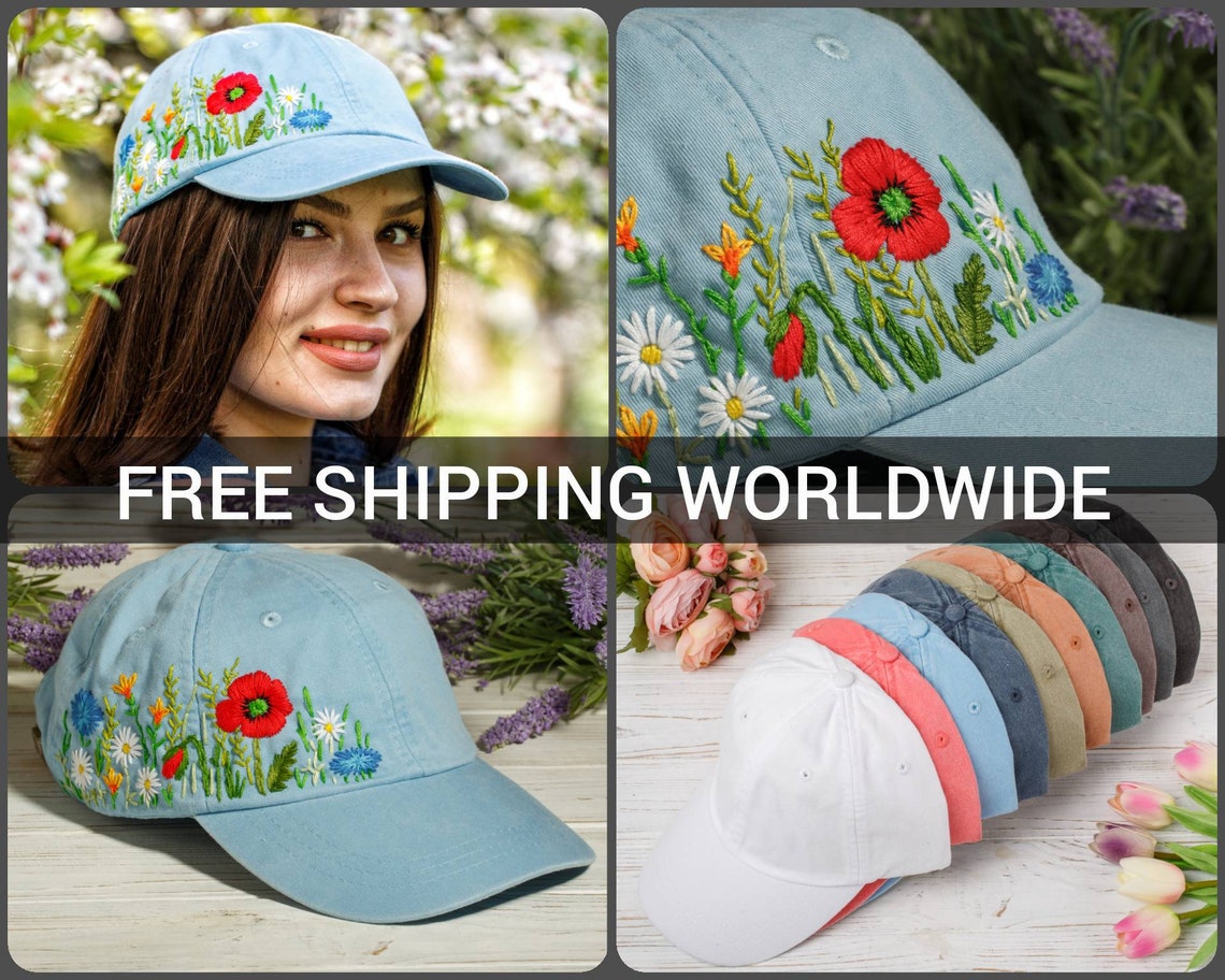 Hand Embroidered Colorful Cap Custom Floral Cap Red Poppy | Etsy