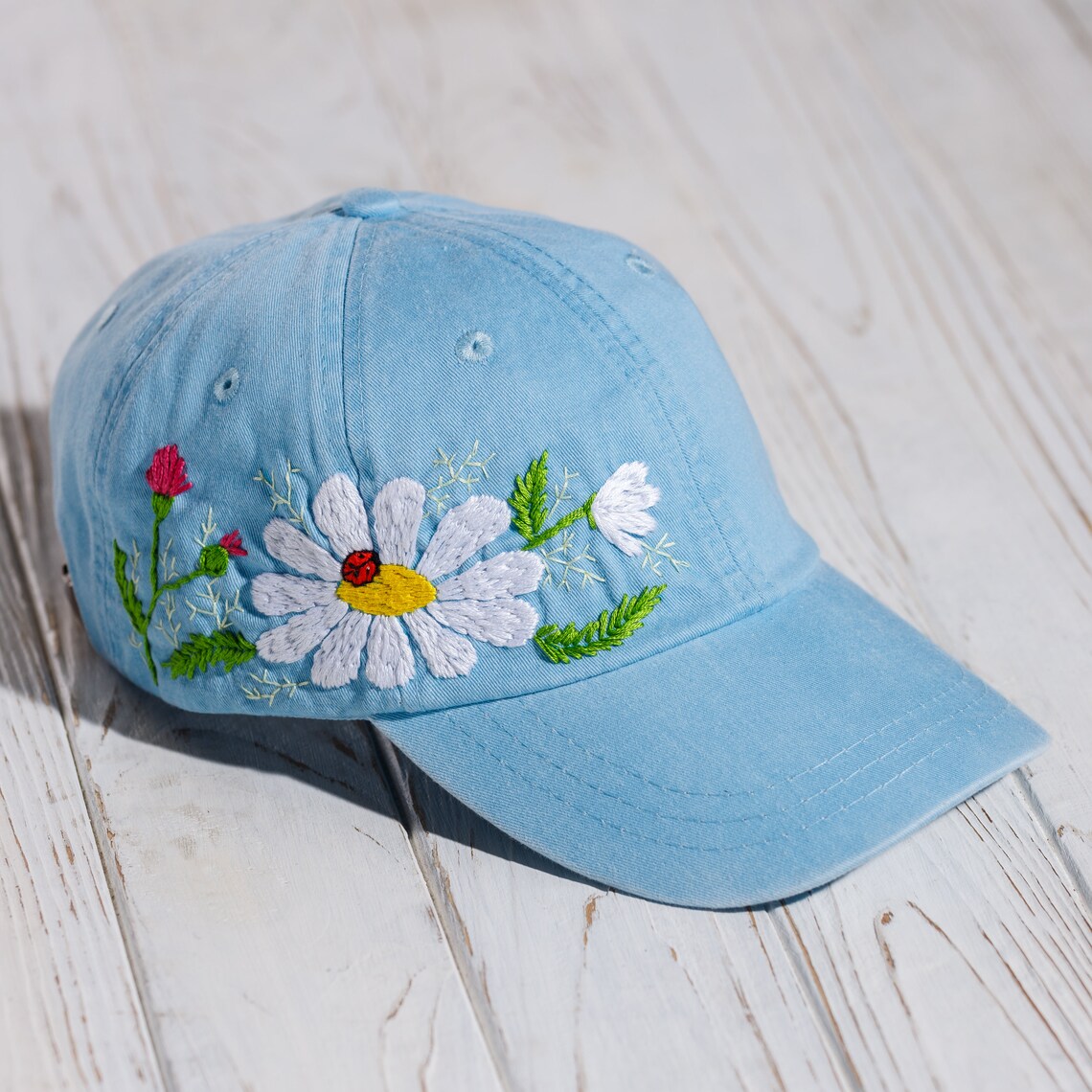 Cotton Cap With Hand Embroidered Chamomile, Thistle Embroidery Design ...