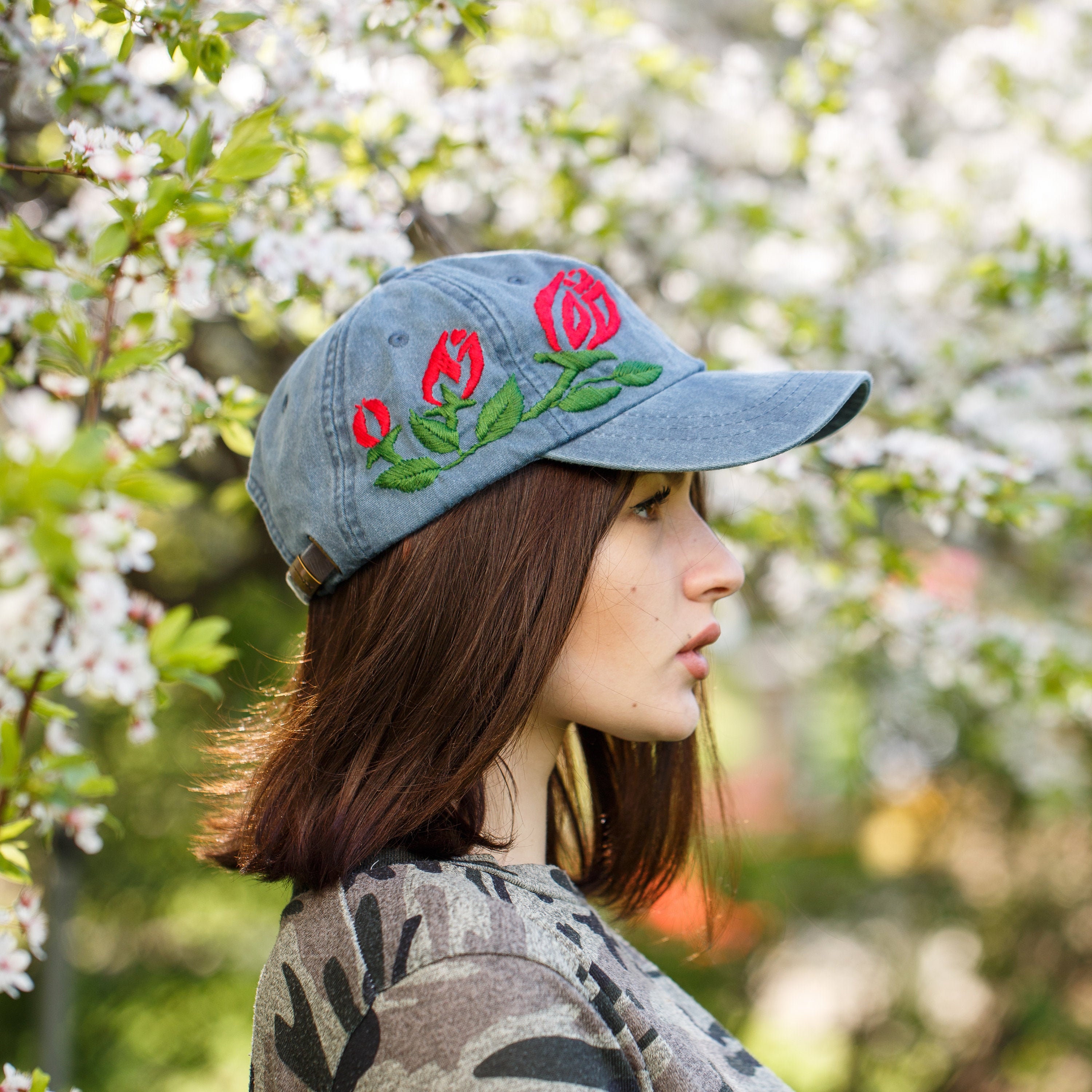 Cotton Hand Embroidered Ball Cap With Red Roses Floral Pattern ...