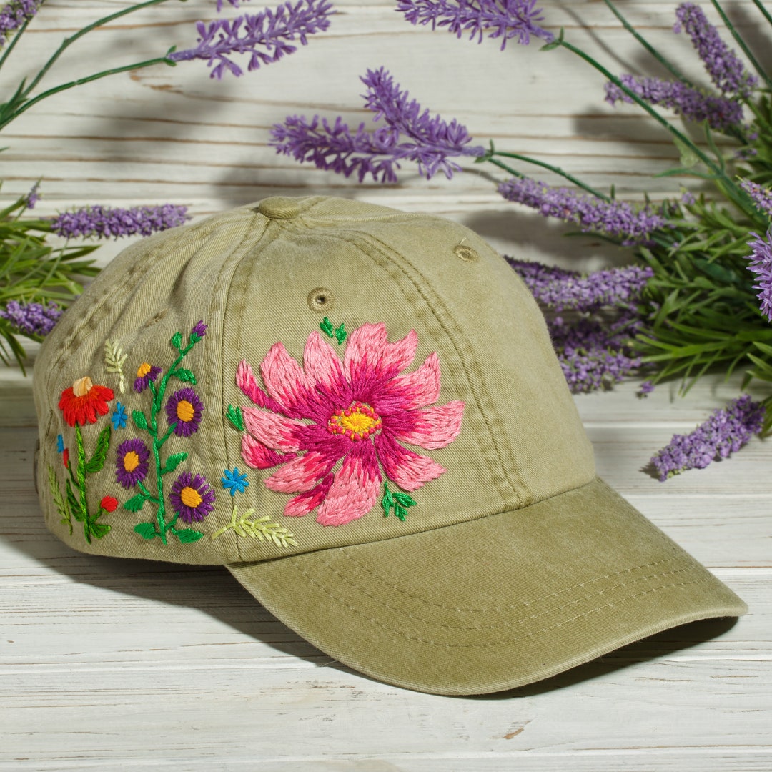 Embroidered Ball Cap With Floral Design, Custom Baseball Cap, Hand ...