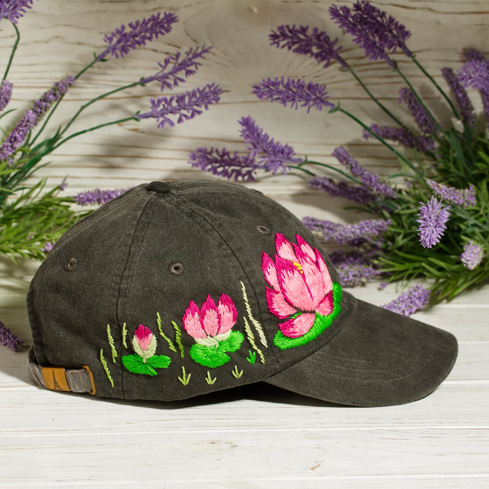 Hand embroidered black hat with lotus Custom flower | Etsy