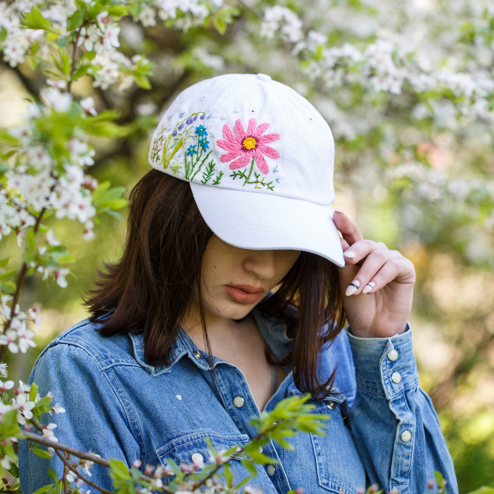 Hand Embroidered Flower Baseball Cap, White Stitched Hat for Women With ...