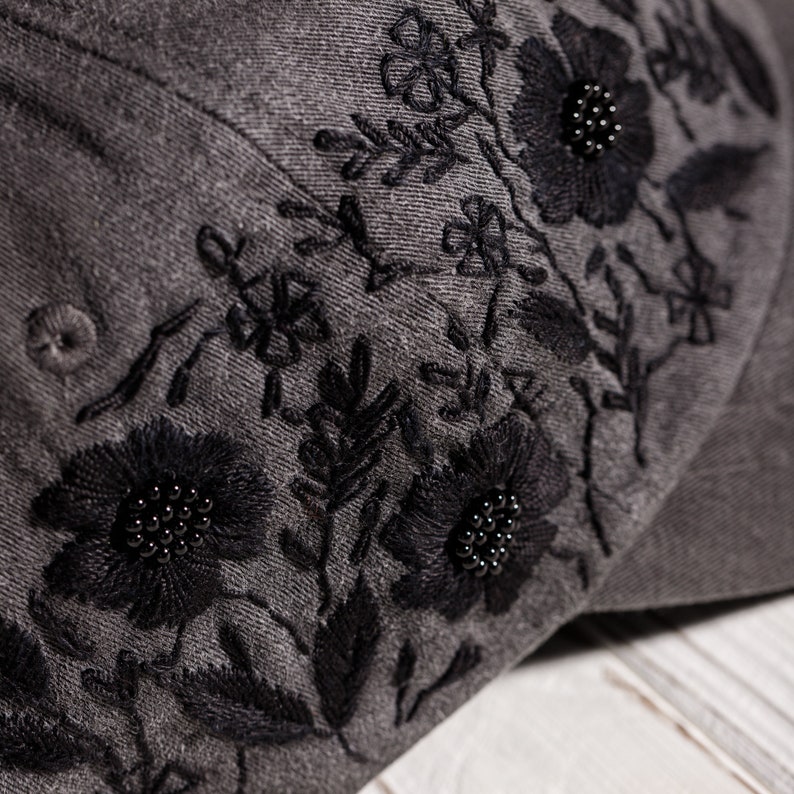 Hand Embroidered Black Baseball Cap for Women, Custom Embroidered Hat ...