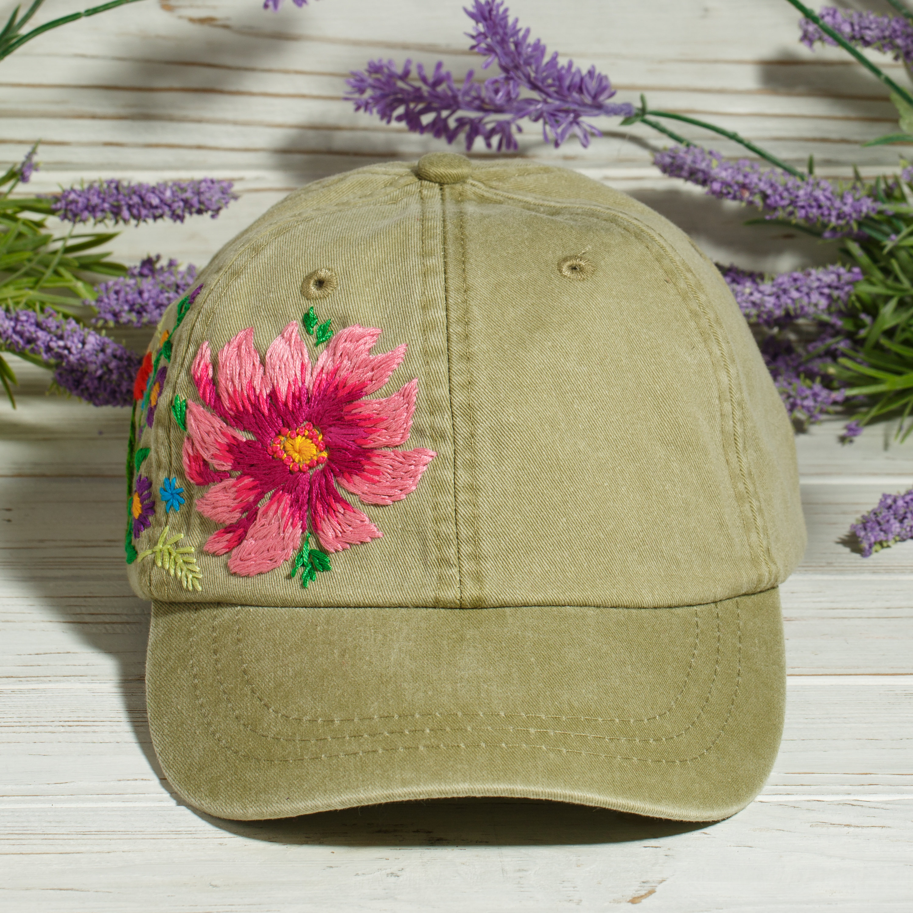 Embroidered Ball Cap With Floral Design, Custom Baseball Cap, Hand ...