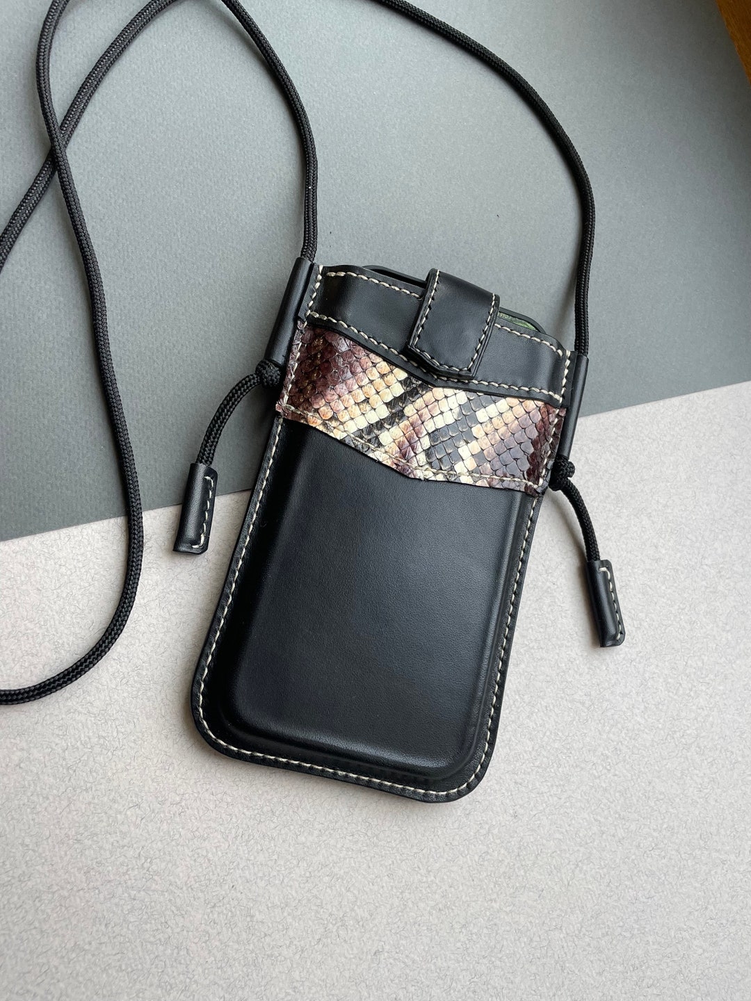 Black Python Leather Sling Pouche for iPhone 15 14 13 12 Pro Max. Phone ...