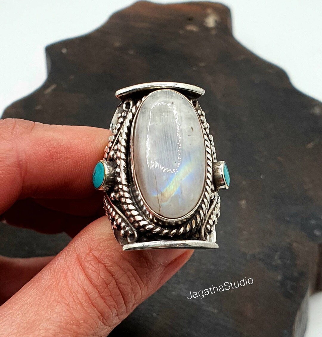 Silver Large Moonstone Oval Statement Ring With Turquoise - Etsy