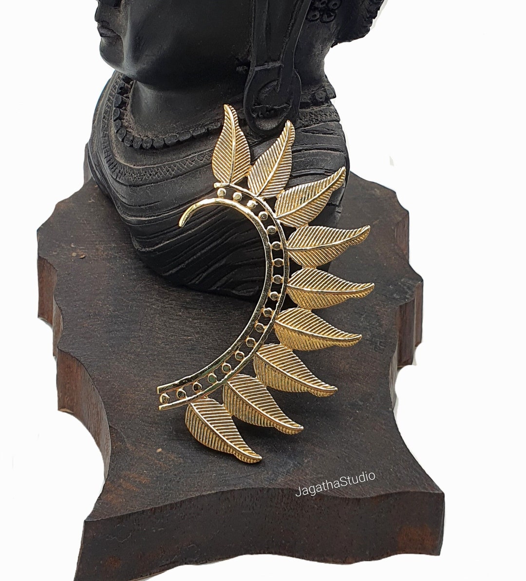 Statement Ear Cuff Ethnic Boho Festival Leafs Swirls Ear Cuff Feather Wrap Behind the Ear Gold ...