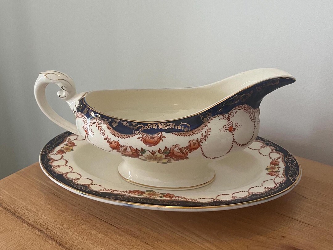 Myott Rosemary, Cobalt Blue an Gold Gravy Boat With Under Plate, Art ...