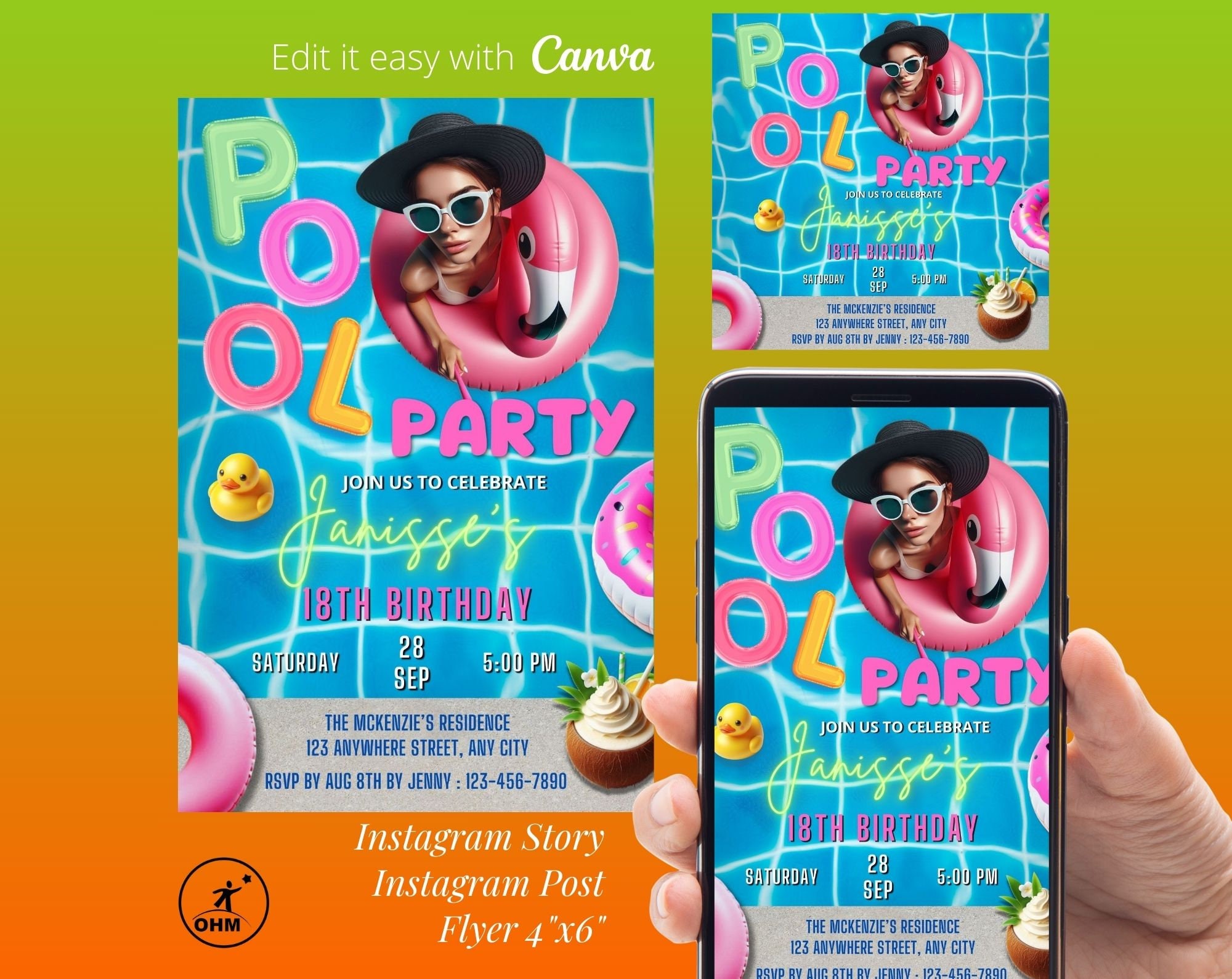 Beauty Pool Party Flyer, Social Medias Pool Party, Editable Summer Pool ...